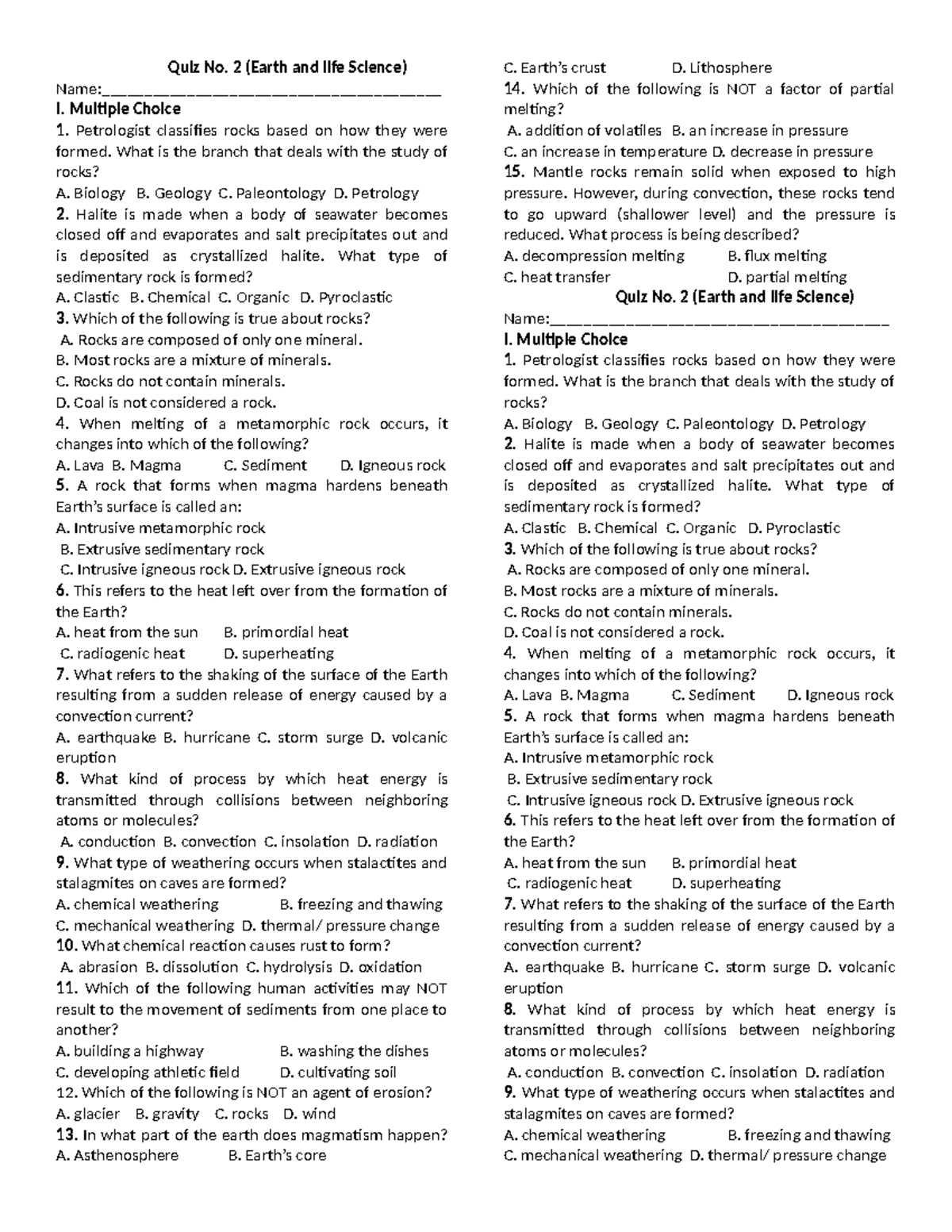 EArth and Life Science quiz1 - Quiz No. 2 (Earth and life Science ...