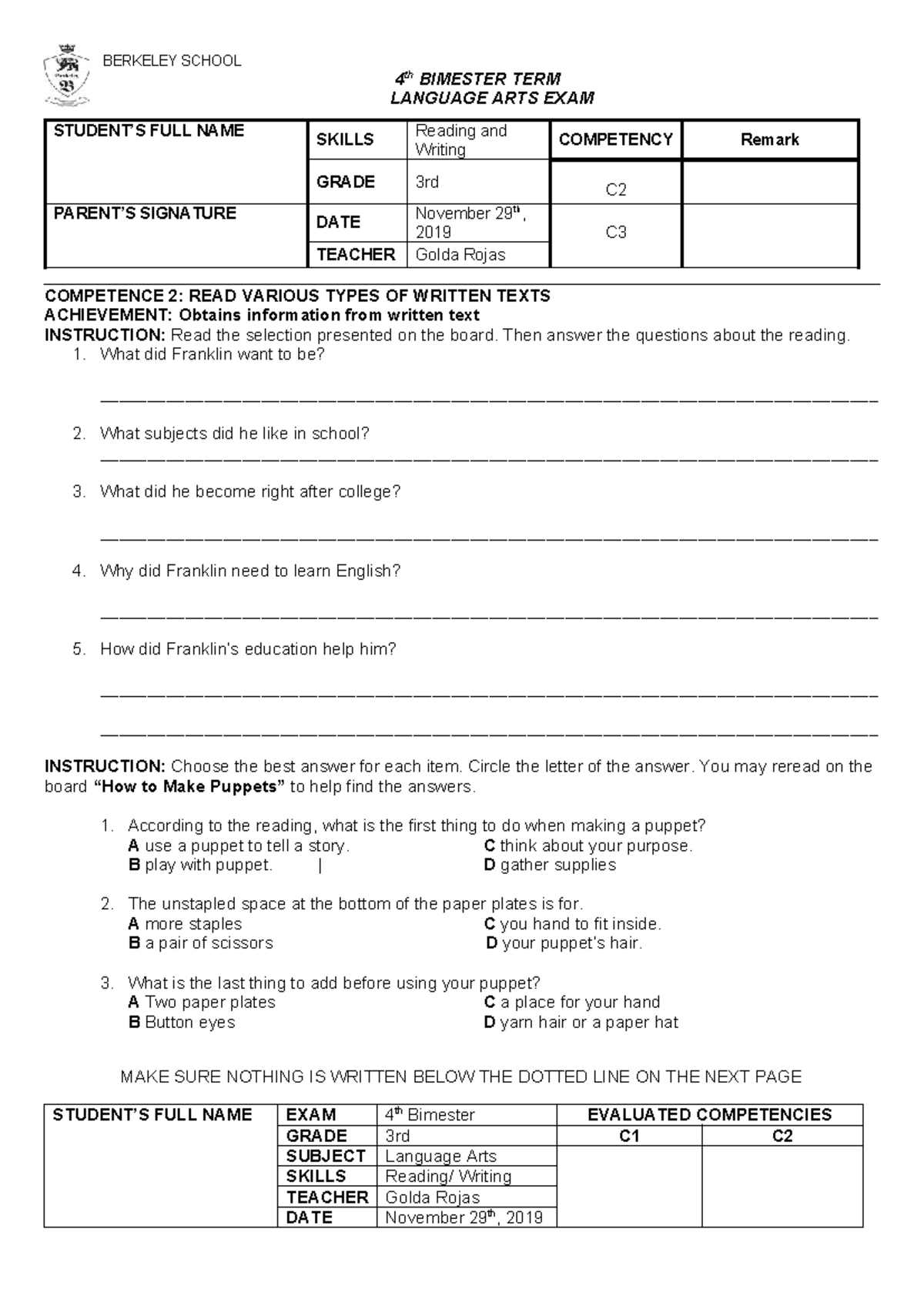 4th Bimester Language Arts Exam: Reading & Writing Skills for Grade 3 ...