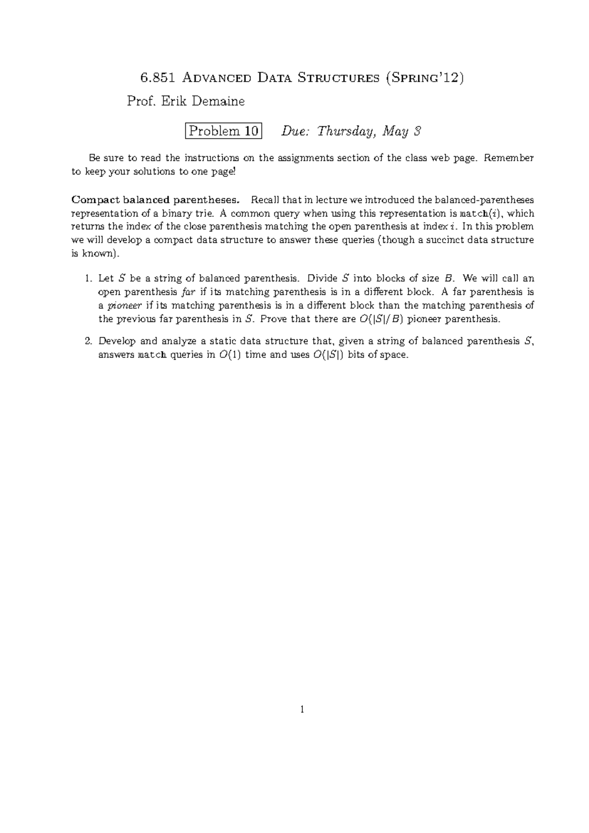 6.851 Advanced Data Structures Problem 10: Compact Balanced Parentheses ...