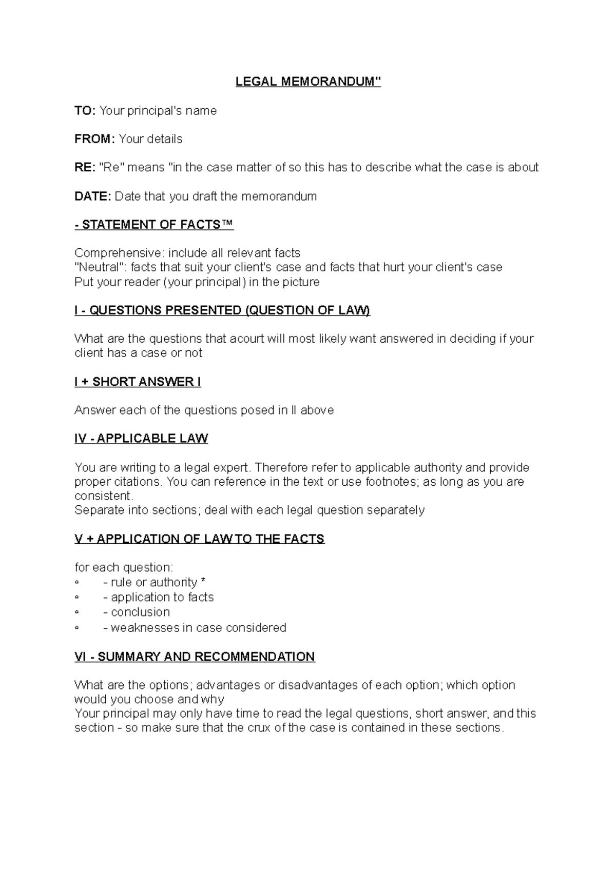 Legal Memorandum Template for Case Analysis - Studocu