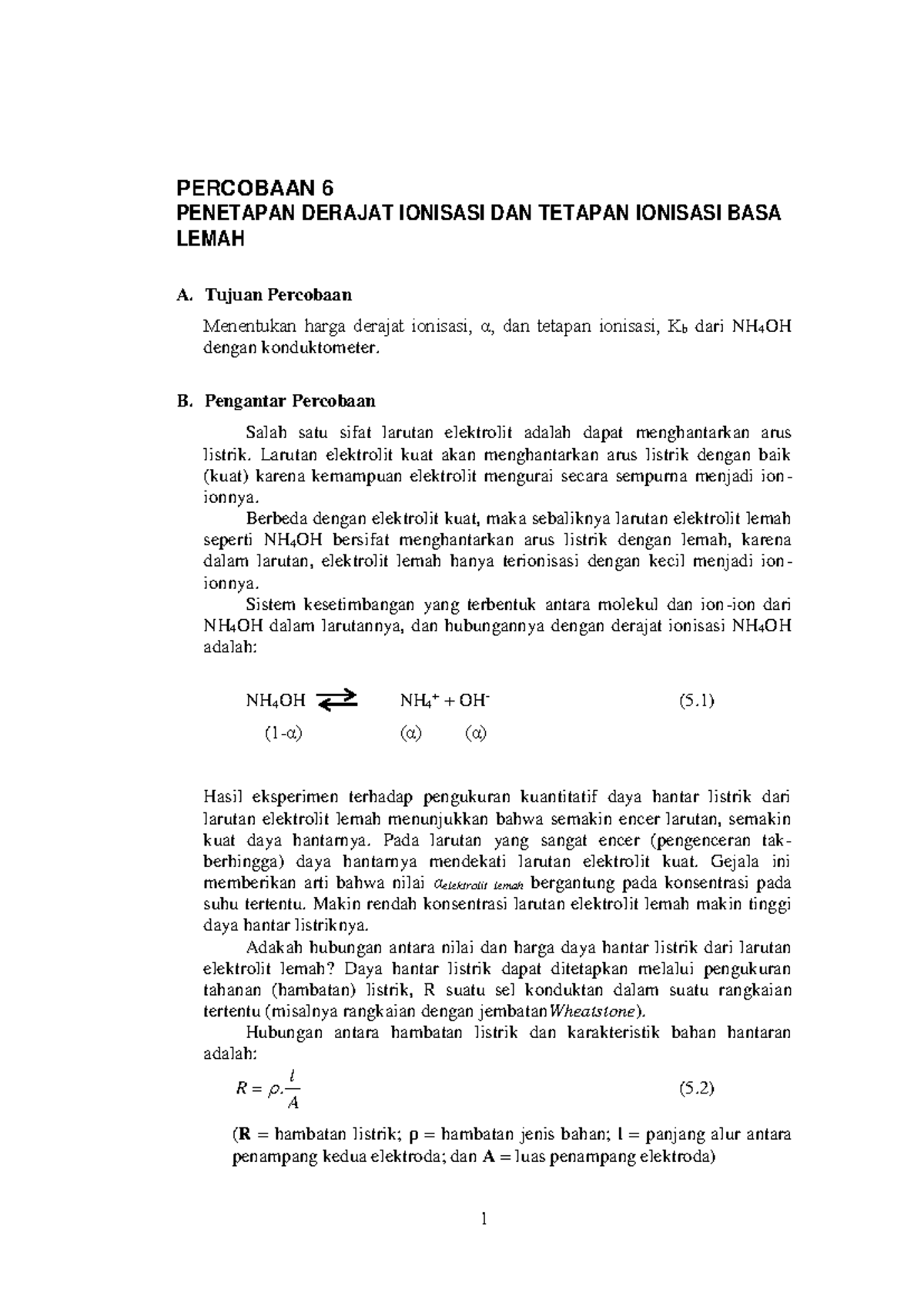 PERCOBAAN 6: PENETAPAN DERAJAT IONISASI DAN Kb BASA LEMAH DENGAN ...