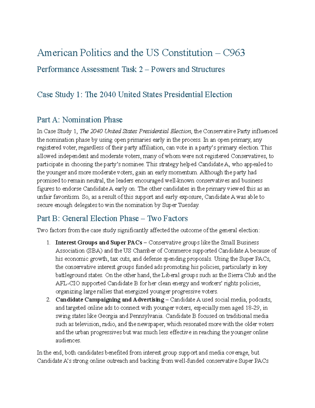 C963 Performance Assessment: Case Study on 2040 US Presidential ...