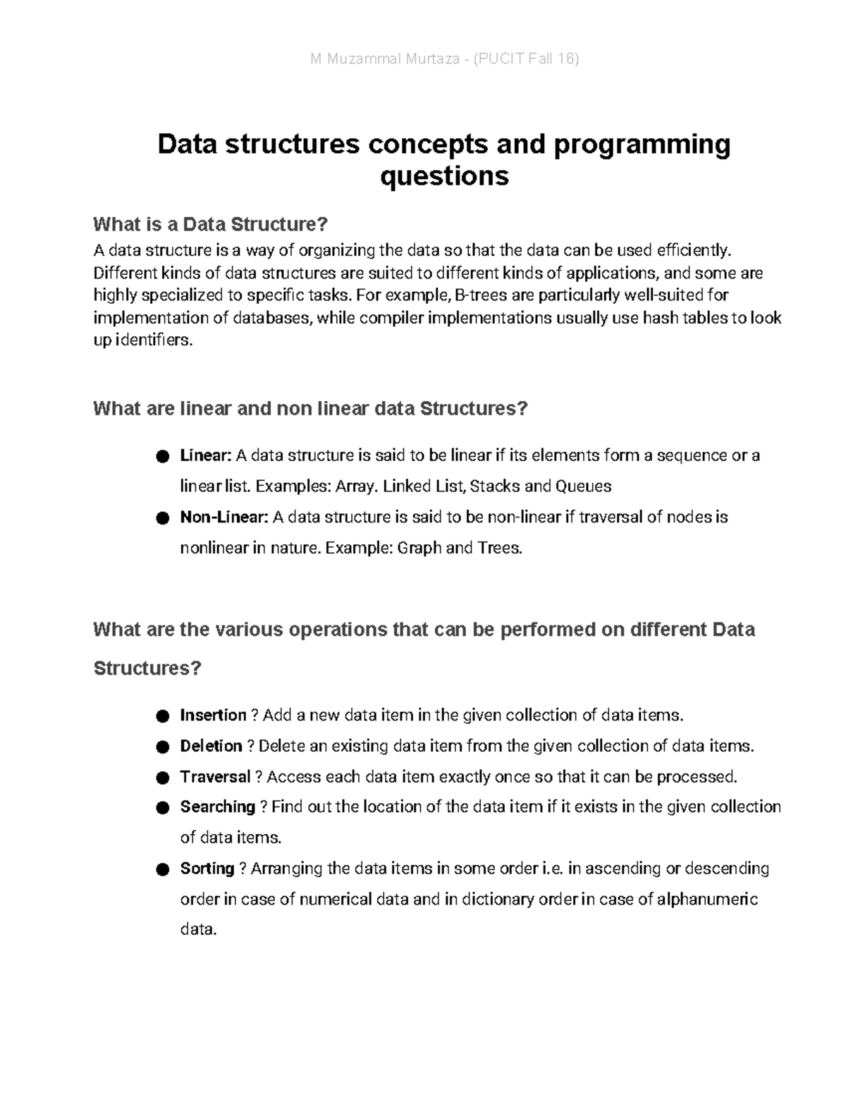 Data Structures Concepts & Programming Questions (PUCIT Fall 16) - Studocu