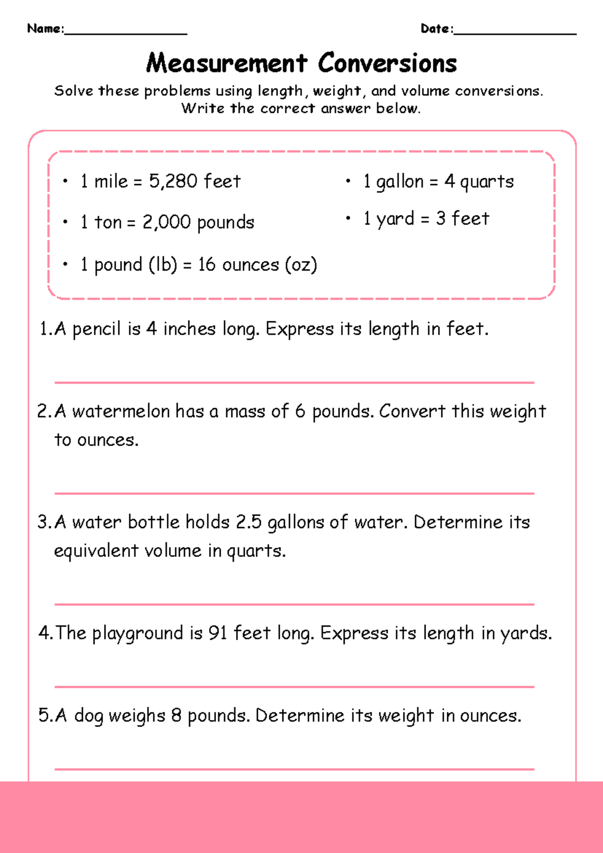 Measurement Conversions - 5th Grade Worksheet - Solve these problems ...