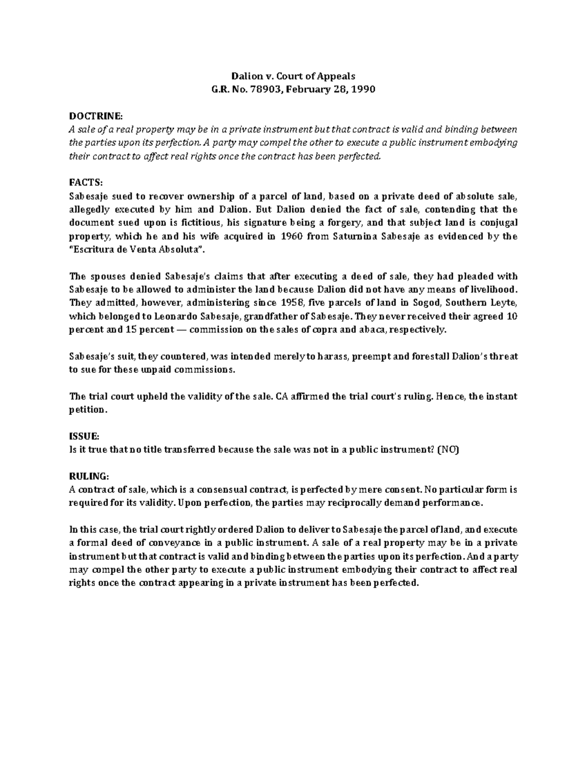 12 Dalion v. CA G.R. No. 78903 (Feb 28, 1990) - Case Digest Summary ...