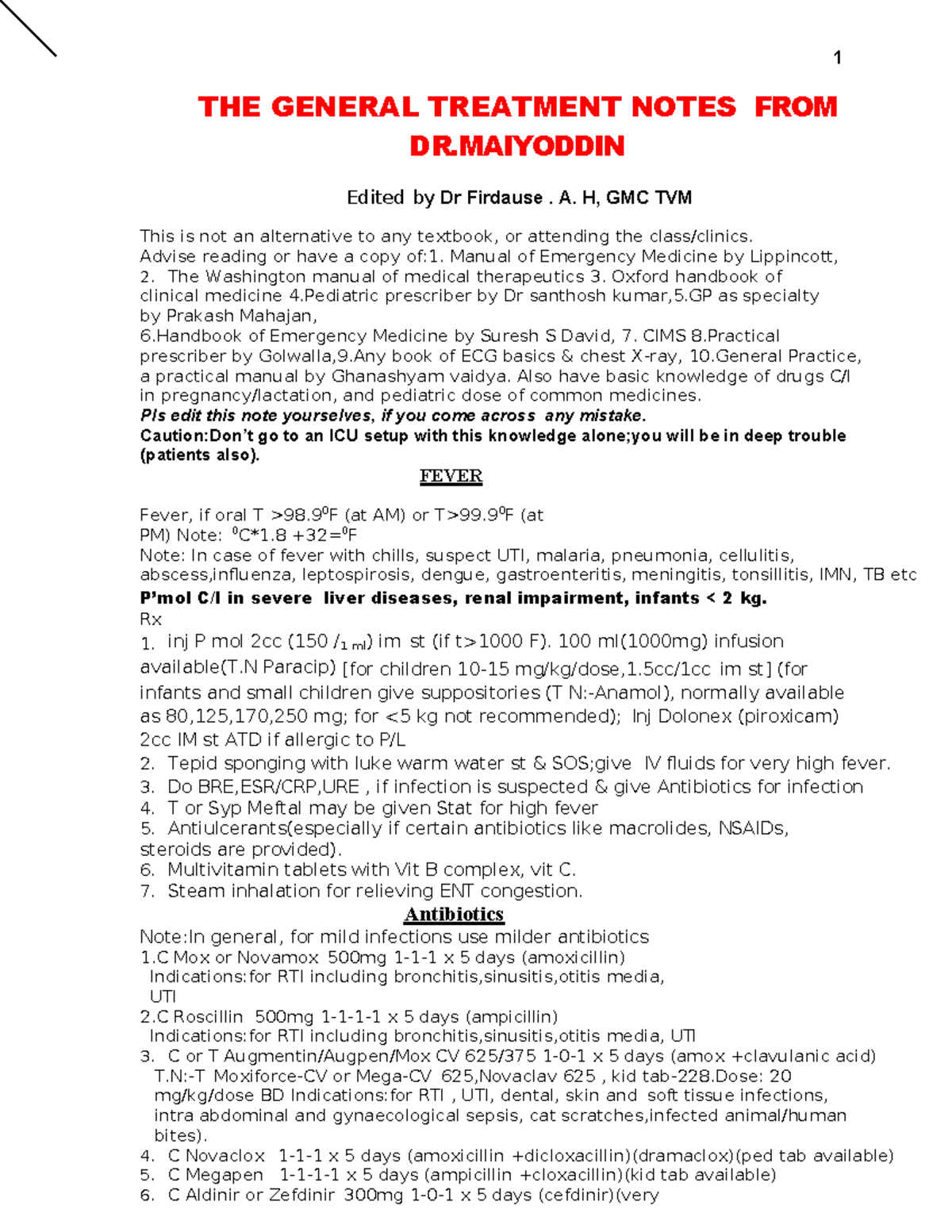 General Treatment Notes for Kerala (GMC TVM) - Dr. Firdause - Studocu