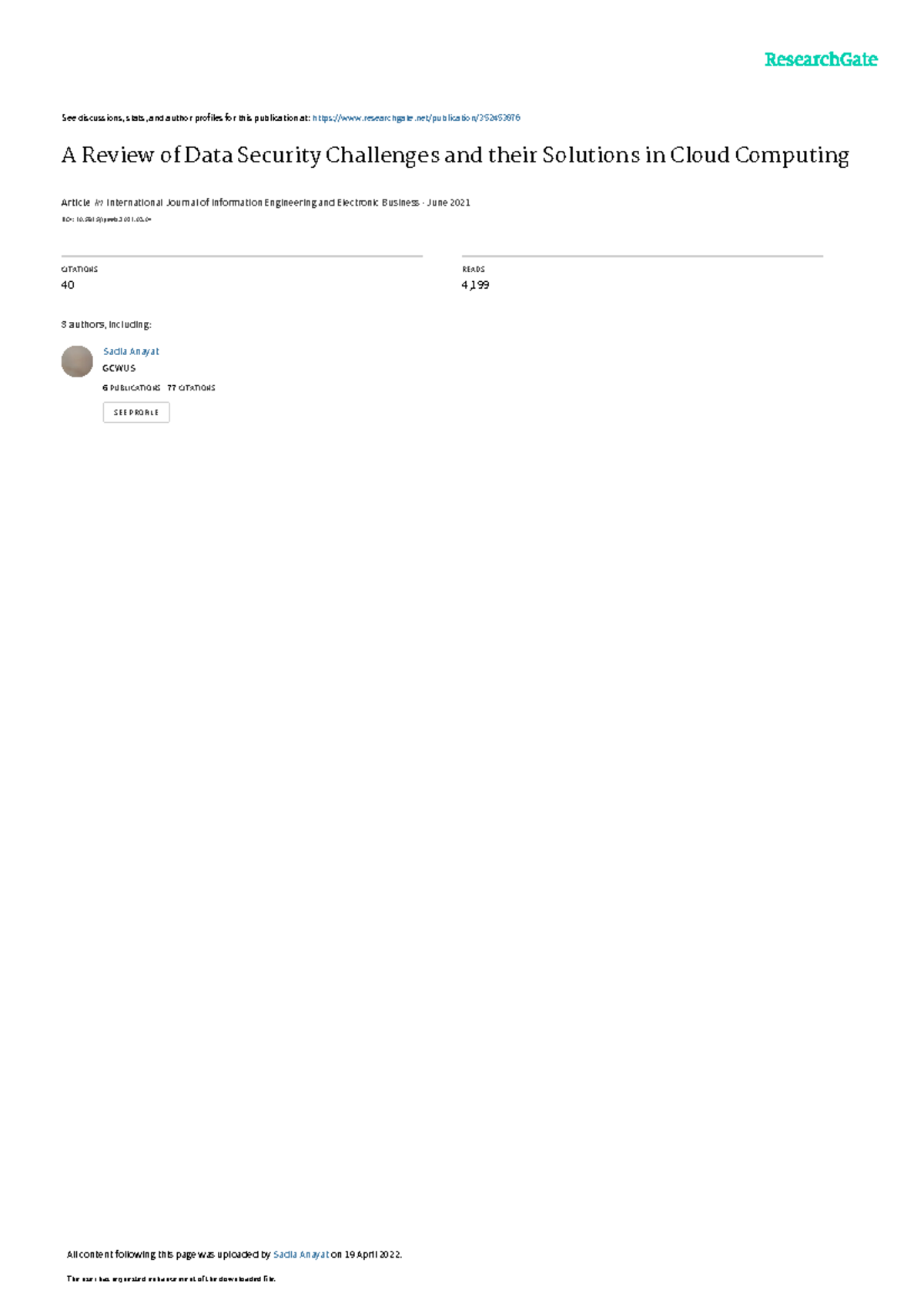 A Review of Data Security Challenges & Solutions in Cloud Computing (CS 2021) - Studocu