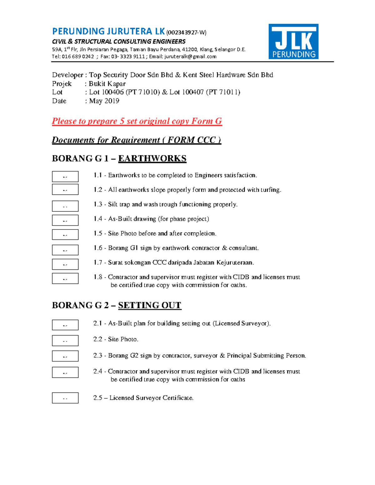 Borang G CCC Checklist for Civil Engineering Projects - Studocu