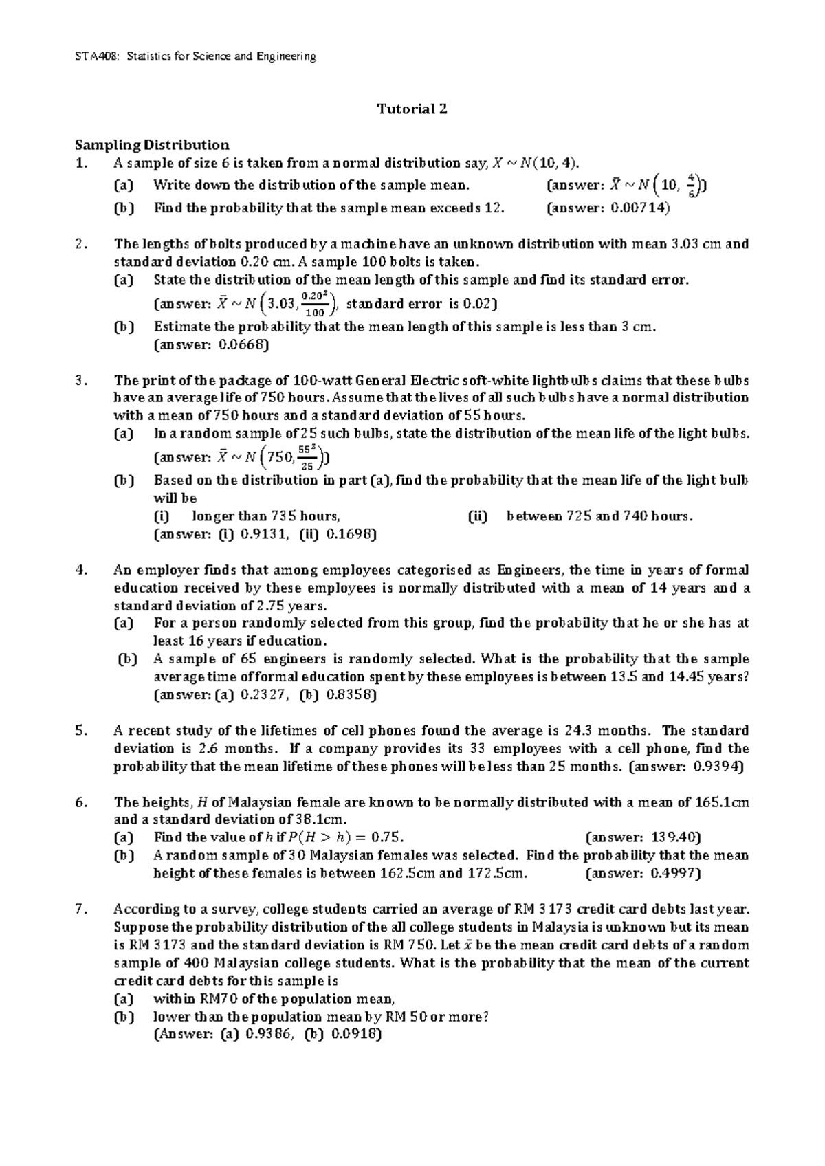 STA408 Tutorial 2 - Estimation - STA408: Statistics for Science and ...