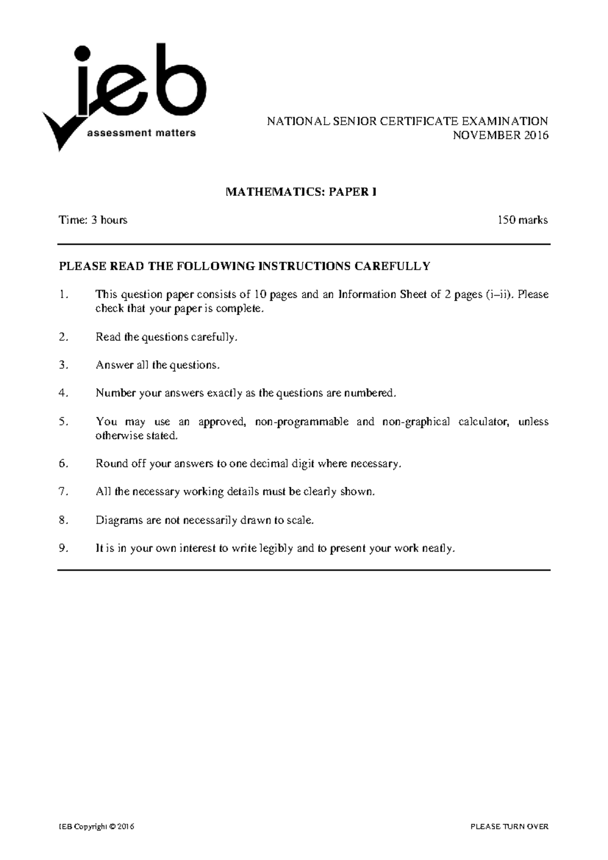 2016 IEB Mathematics: National Senior Certificate P1 Exam - Studocu