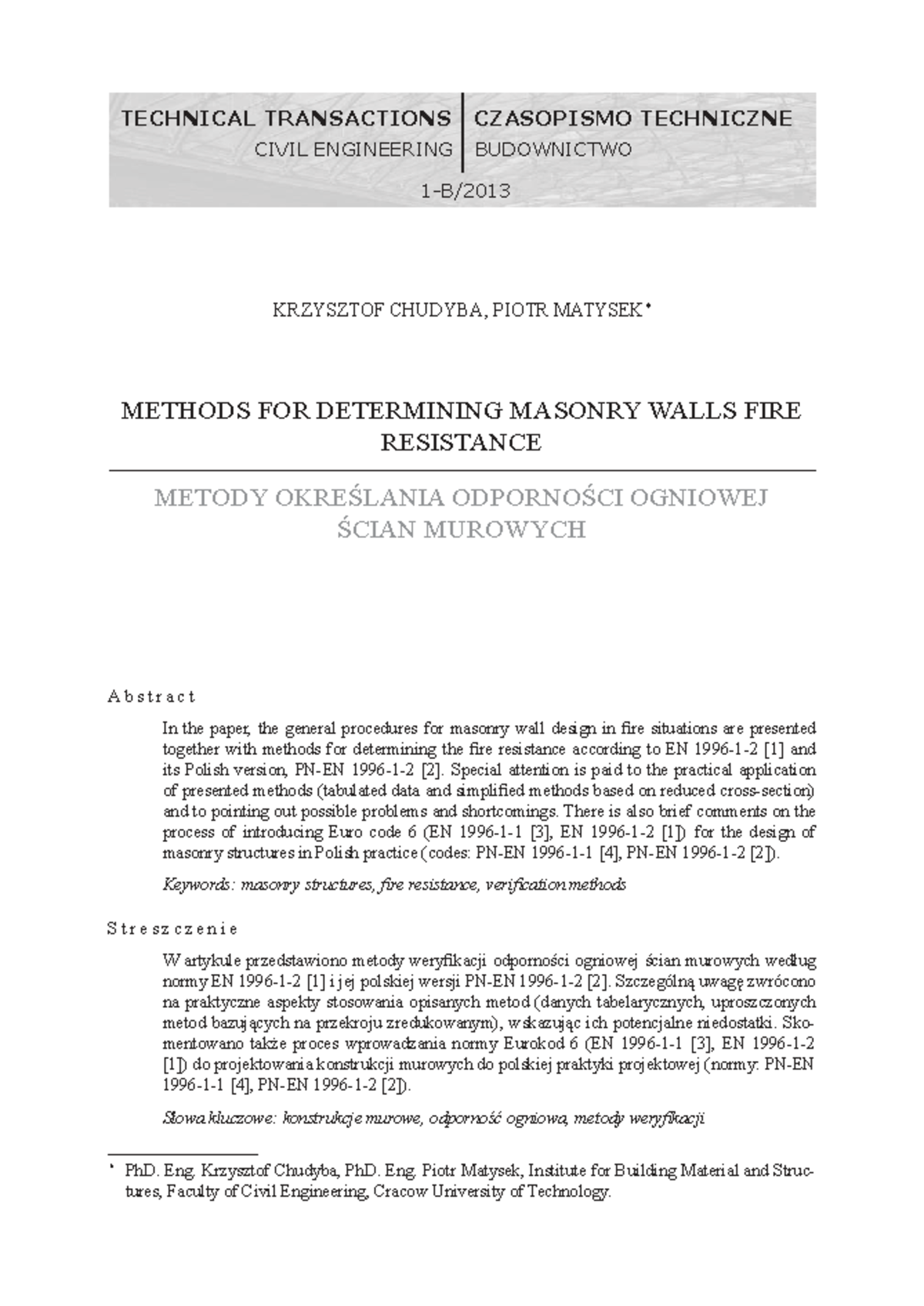 Methods for Determining Fire Resistance of Masonry Walls (CIVIL ENG ...