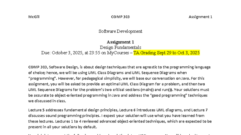 COMP 303 Assignment 1 - UML Class & Sequence Diagrams Design - Studocu