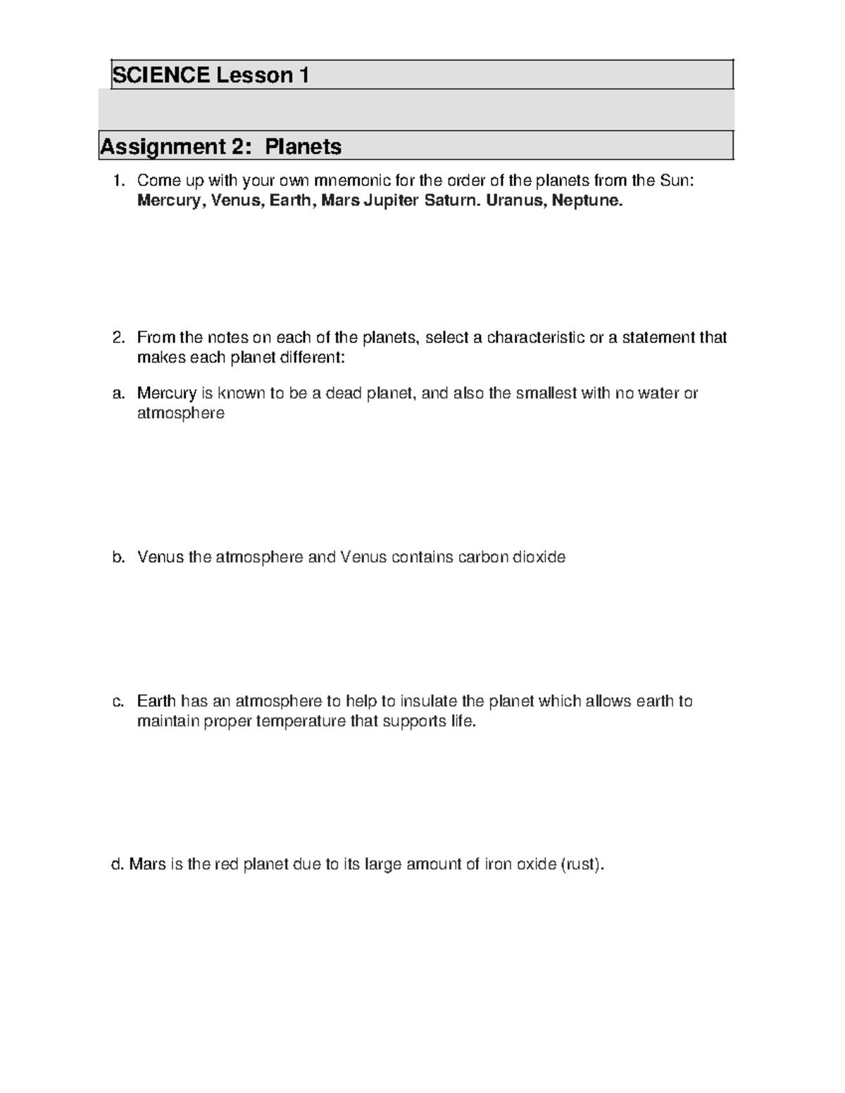 SCIENCE Assignment 2: Mnemonics & Characteristics of Planets - Studocu