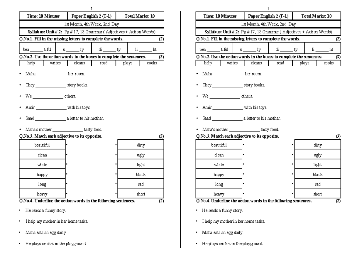 Eng 4-2: Grammar Practice on Adjectives & Action Words - Studocu