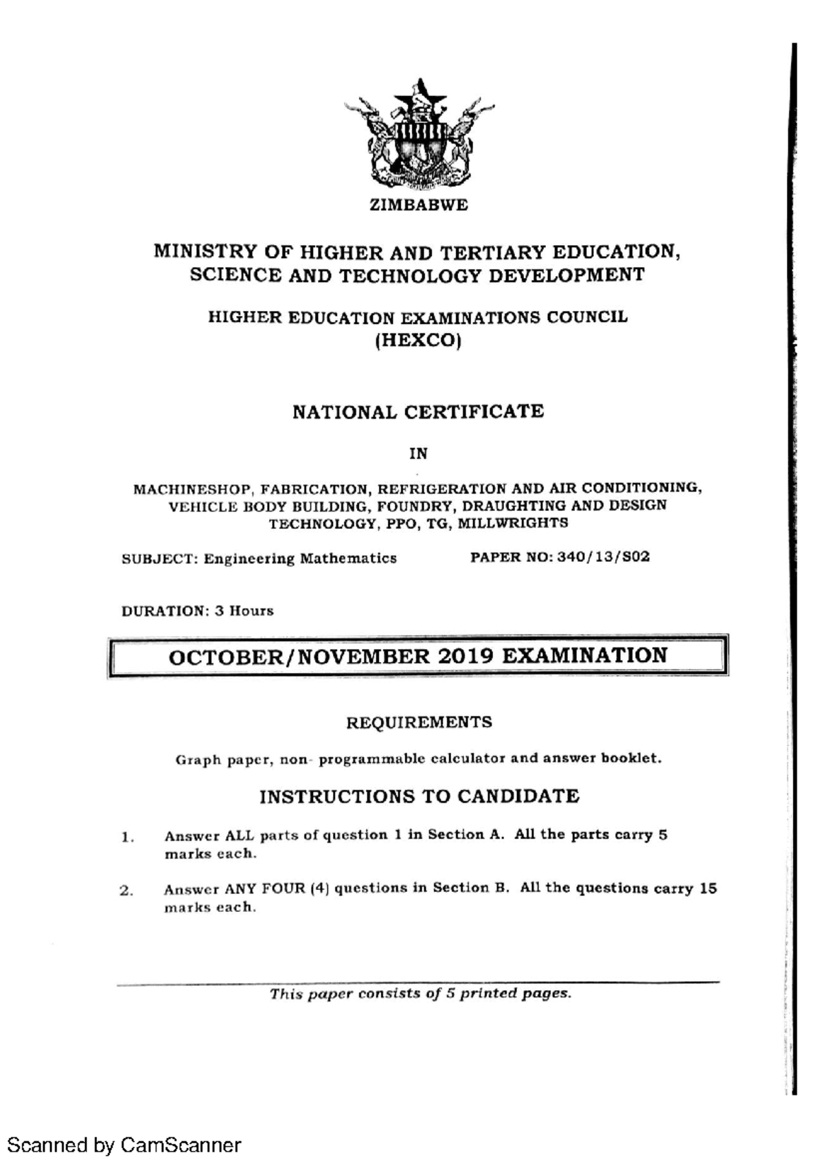 Engineering Mathematics Exam Paper No: HEXCO National Certificate 2019 ...