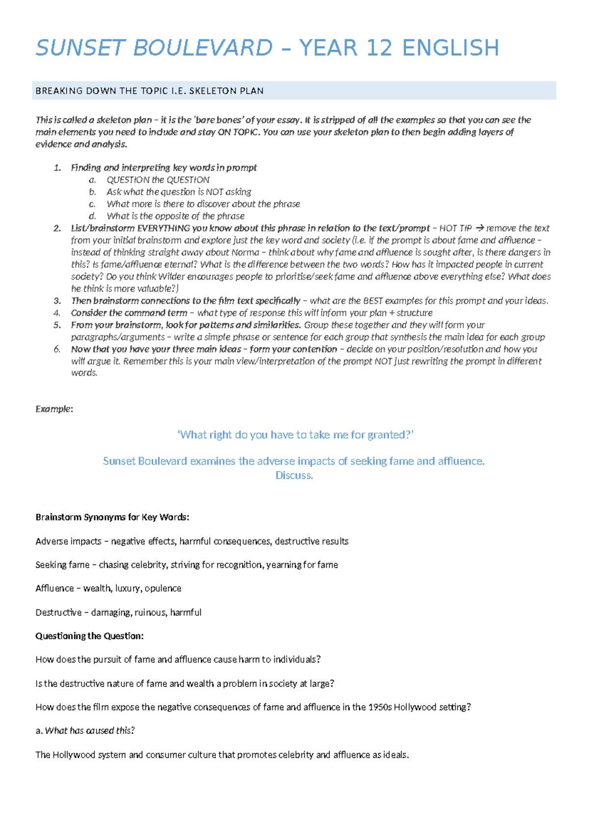 SUNSET BOULEVARD YEAR 12 ENGLISH ESSAY SKELETON PLAN & ANALYSIS GUIDE ...