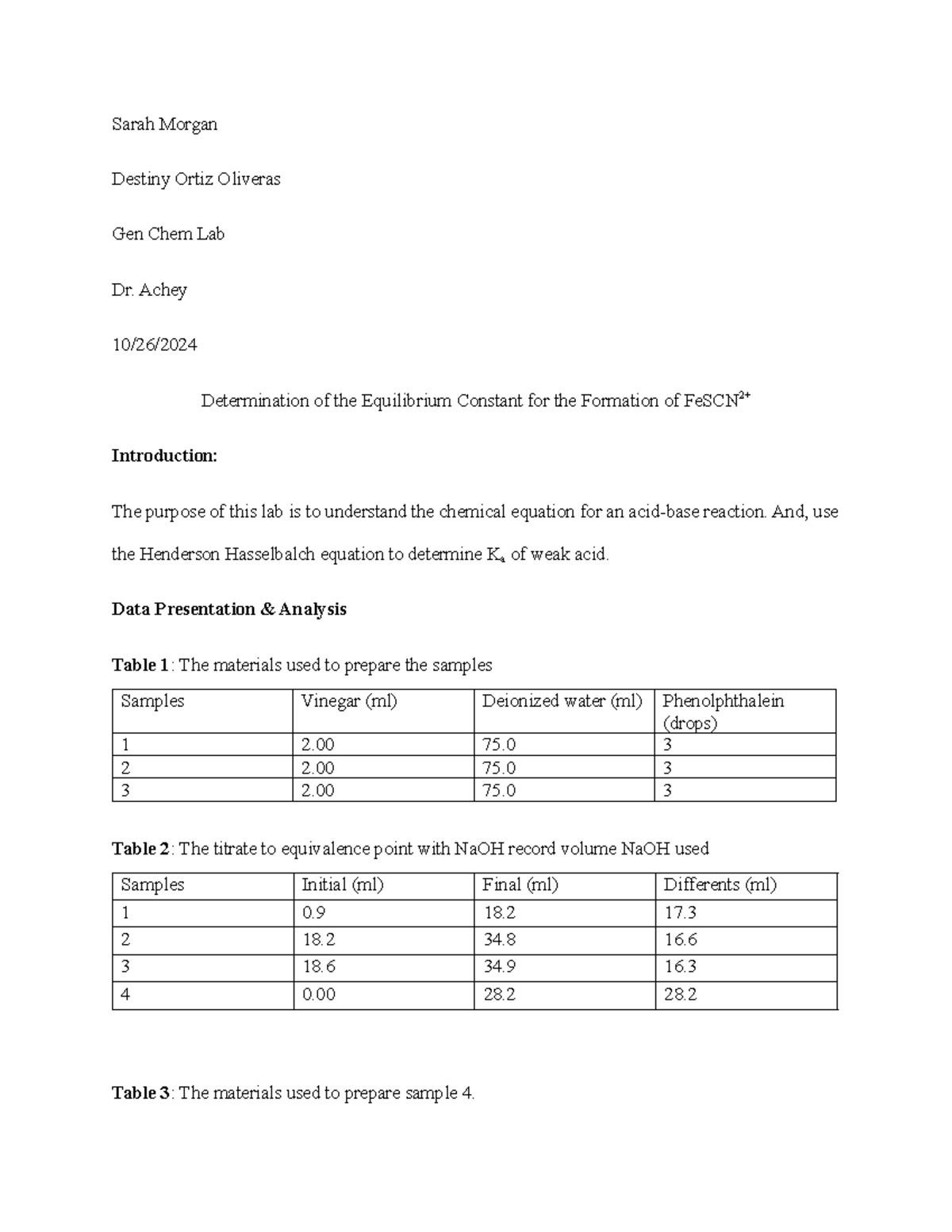 Gen Chem Lab: Acid-Base Titrations & Equilibrium Constant Analysis ...