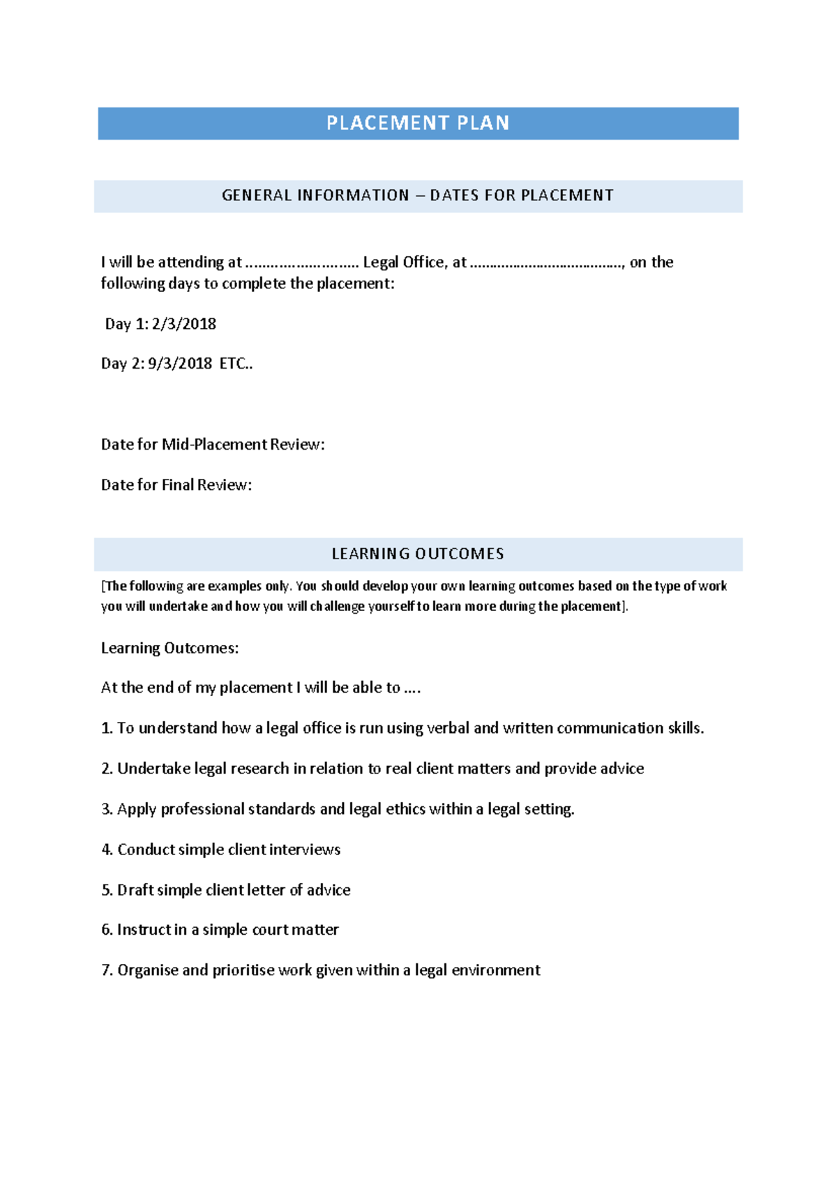 Example Placement Plan: General Info & Learning Outcomes - Studocu