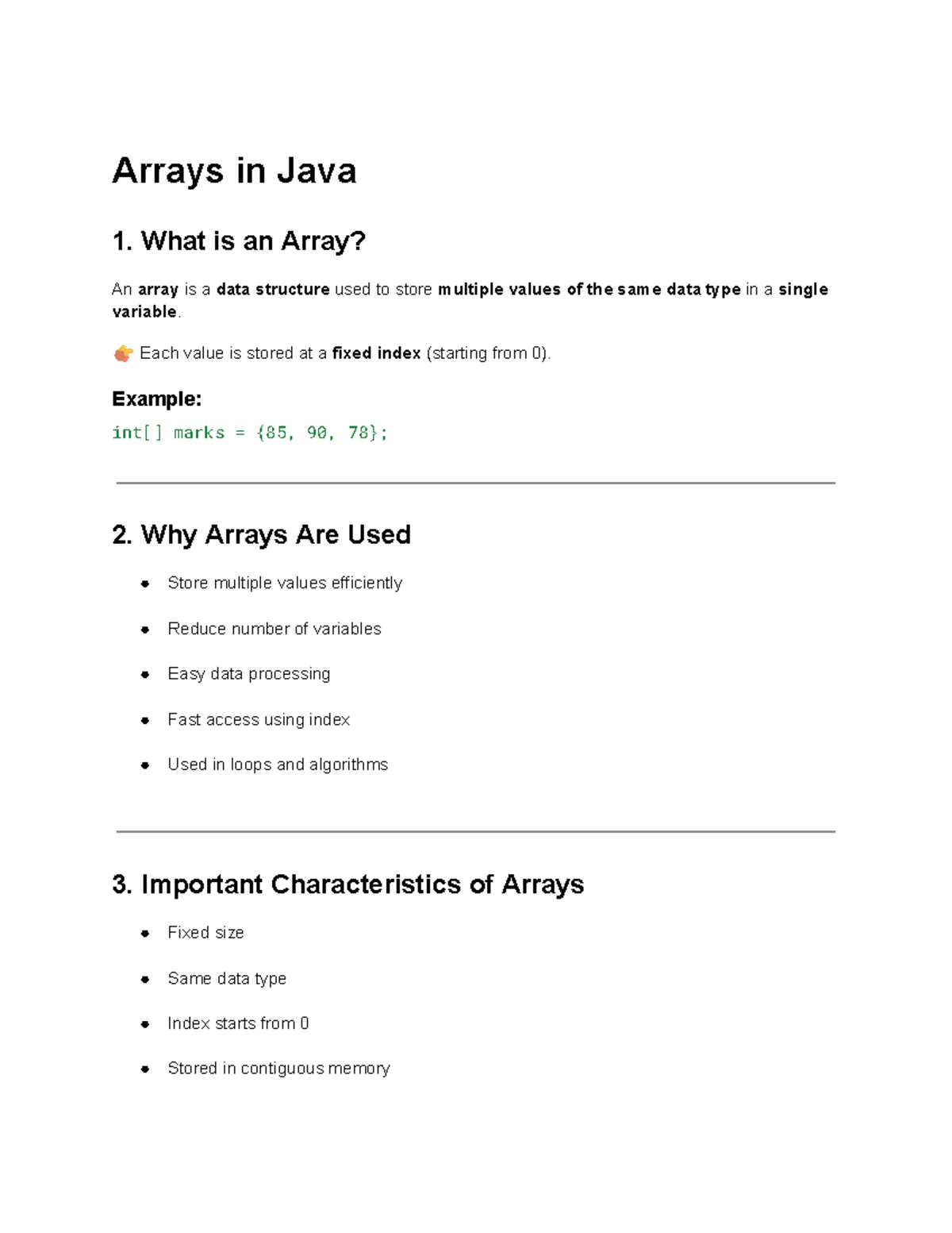 Arrays in Java: Key Concepts and Characteristics (CS101) - Studocu