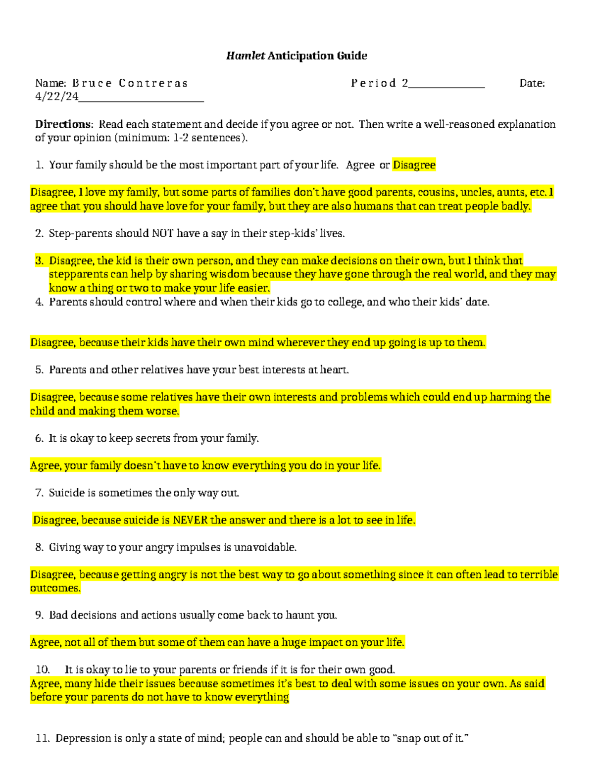 Hamlet Anticipation Guide-1 - Hamlet Anticipation Guide Name: B r u c e ...