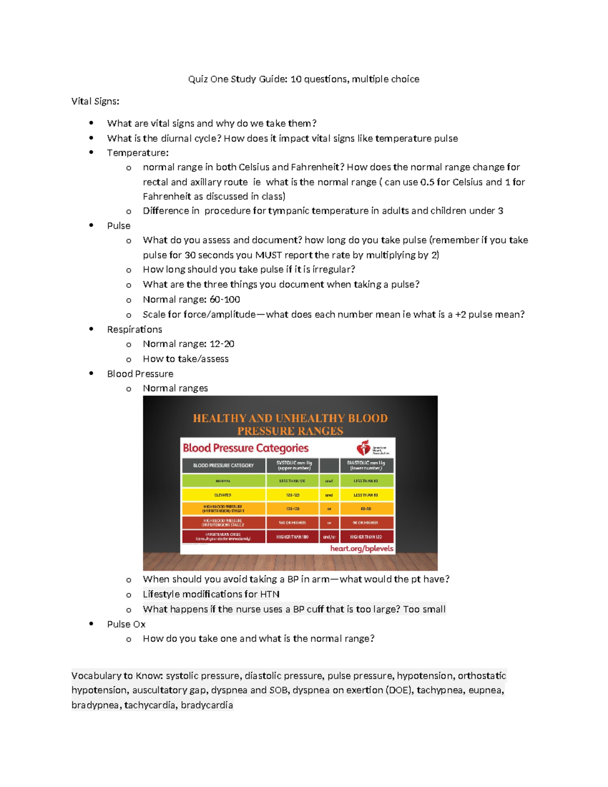 Quiz 1 Study Guide: Vital Signs & Assessment Techniques - Studocu