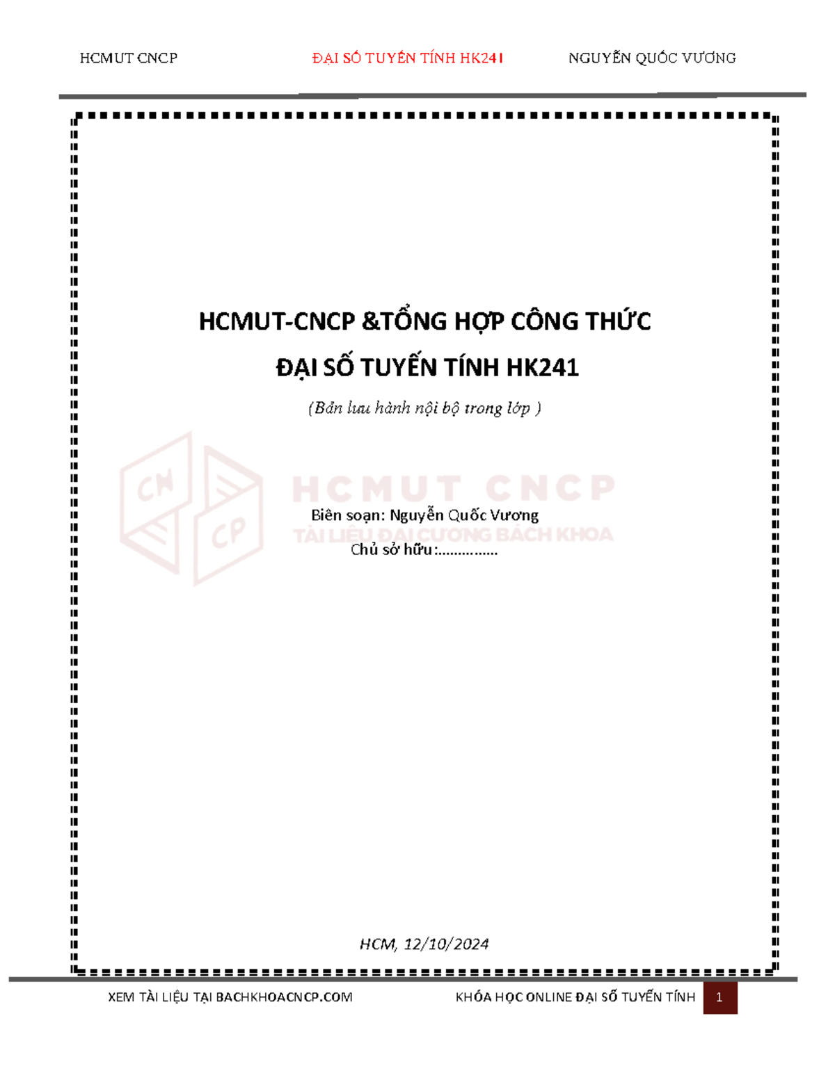 Summary of Linear Algebra theory - HCMUT-CNCP &TỔNG HỢP CÔNG THỨC ĐẠI ...