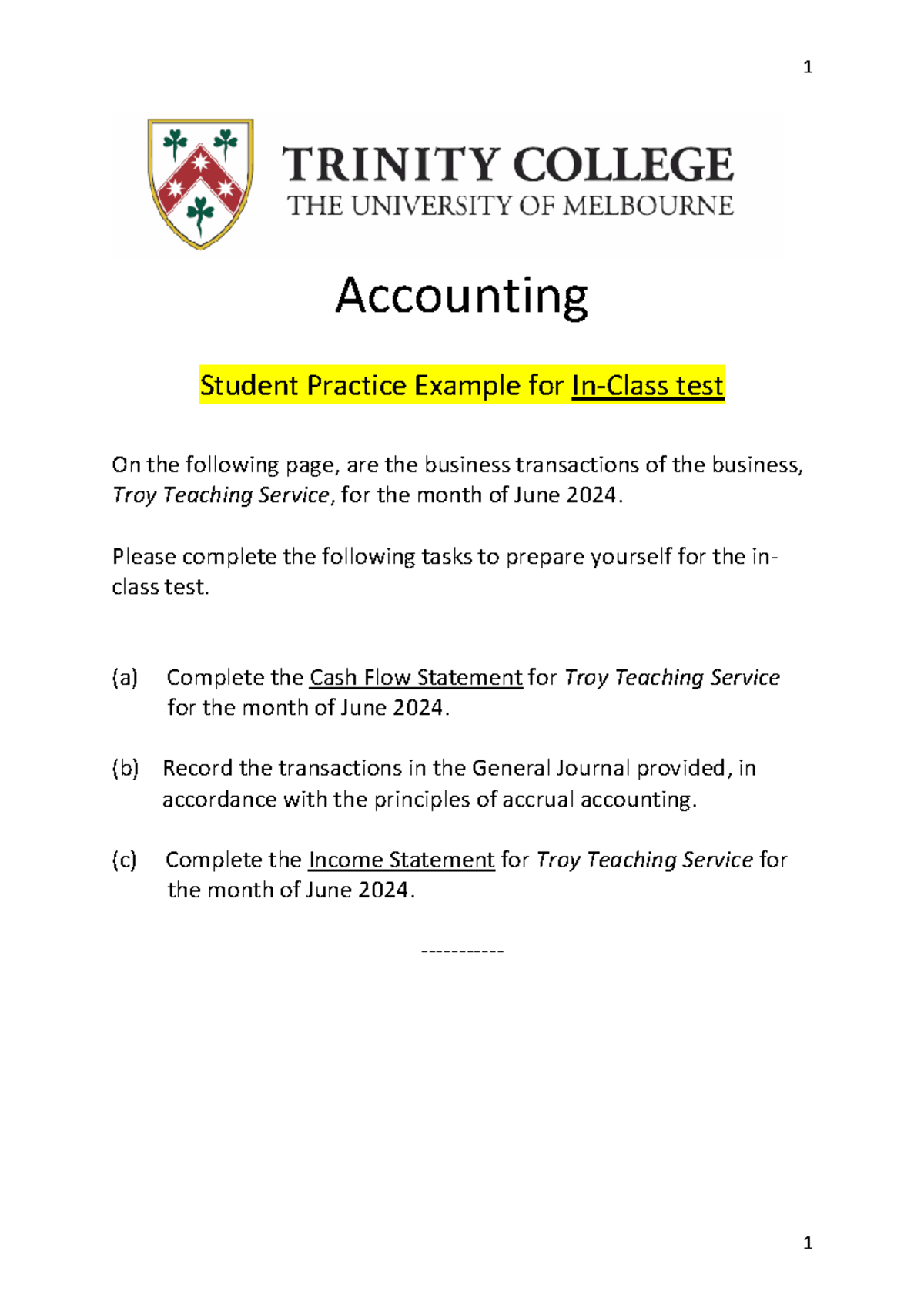 1 ACC 101 Practice Example: Cash Flow & Income Statement for June 2024 ...