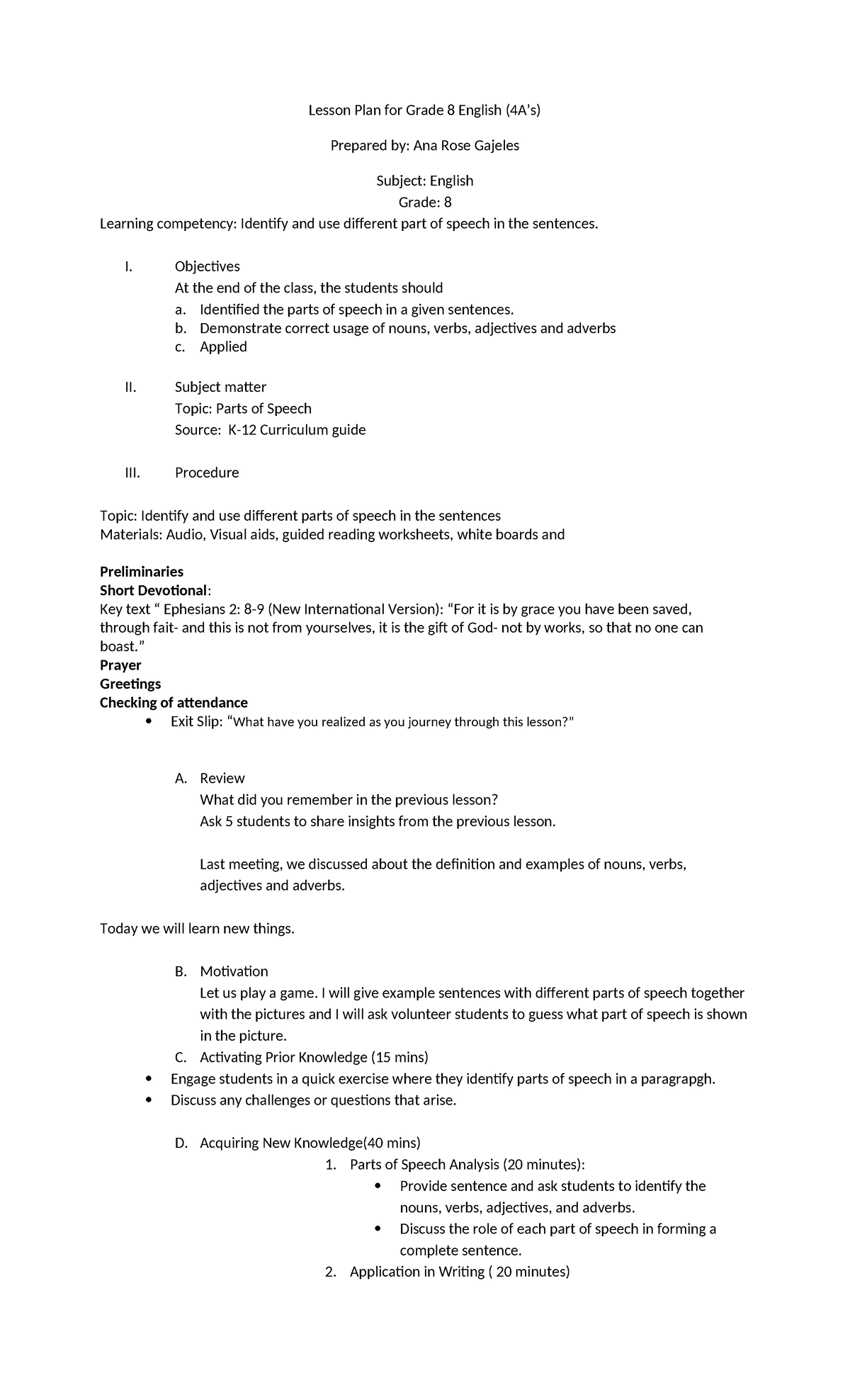Grade 8 English Lesson Plan: Identifying Parts of Speech (4A's) - Studocu