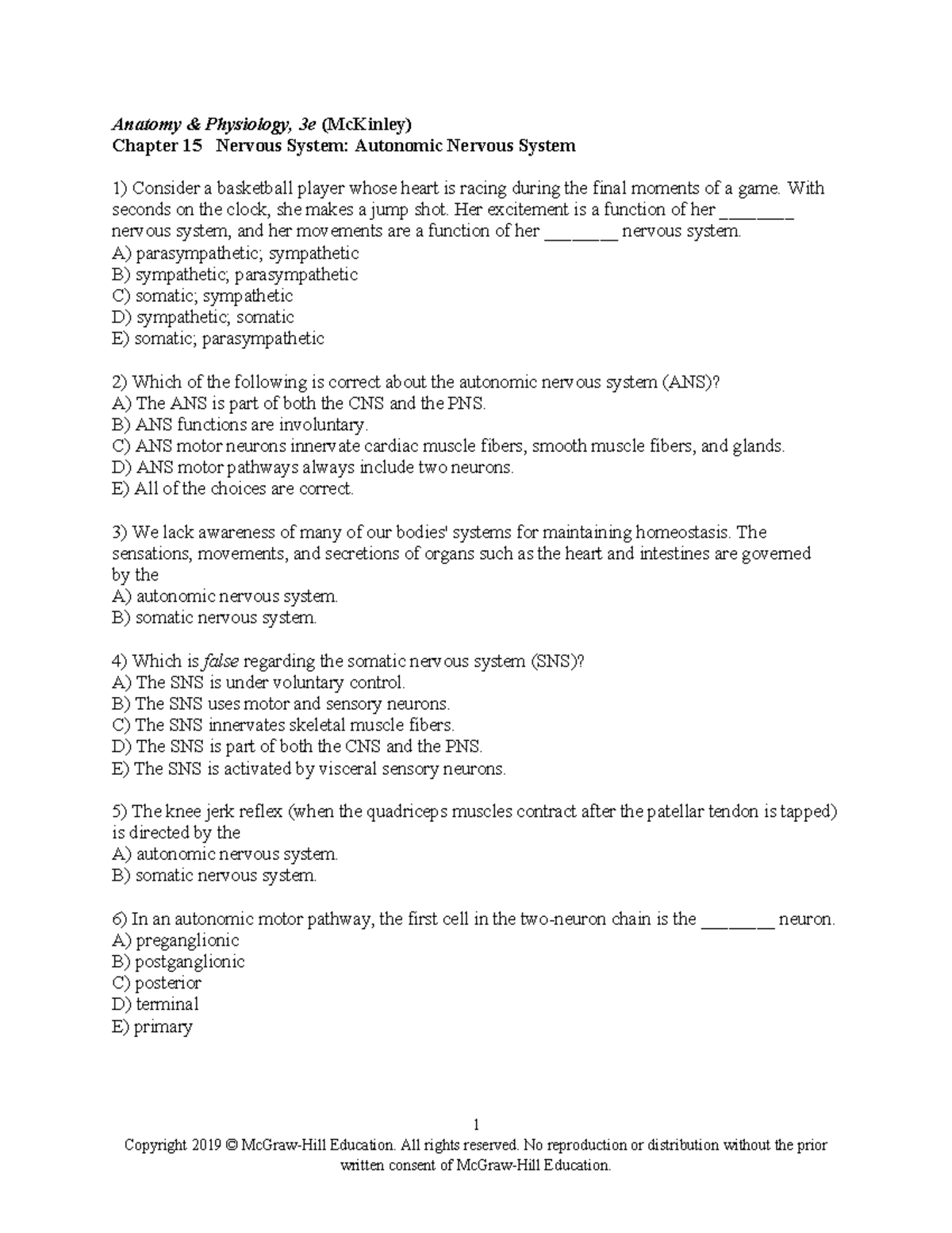 Anatomy & Physiology 3e (McKinley) Chapter 15: Autonomic Nervous System ...