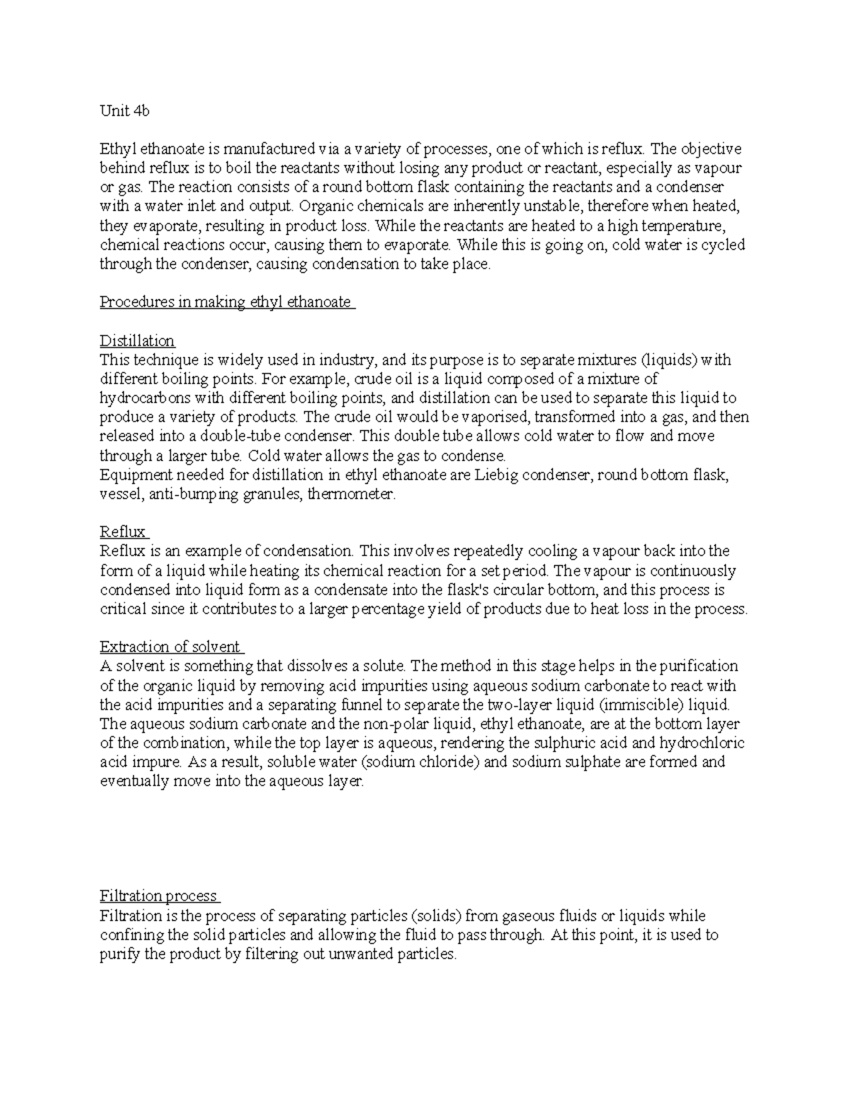 Unit 4 Coursework: Synthesis and Purity Testing of Ethyl Ethanoate ...