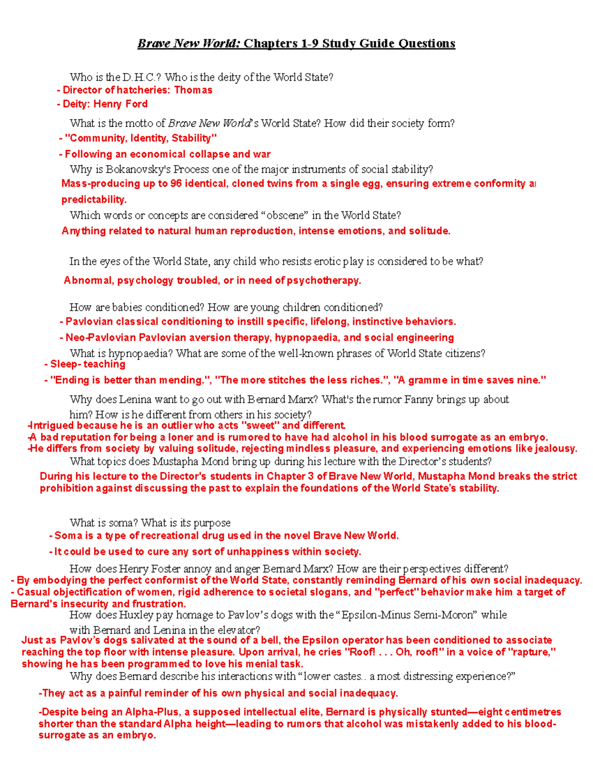 Brave New World (BNW) Chapters 1-9 Study Guide Questions - Studocu
