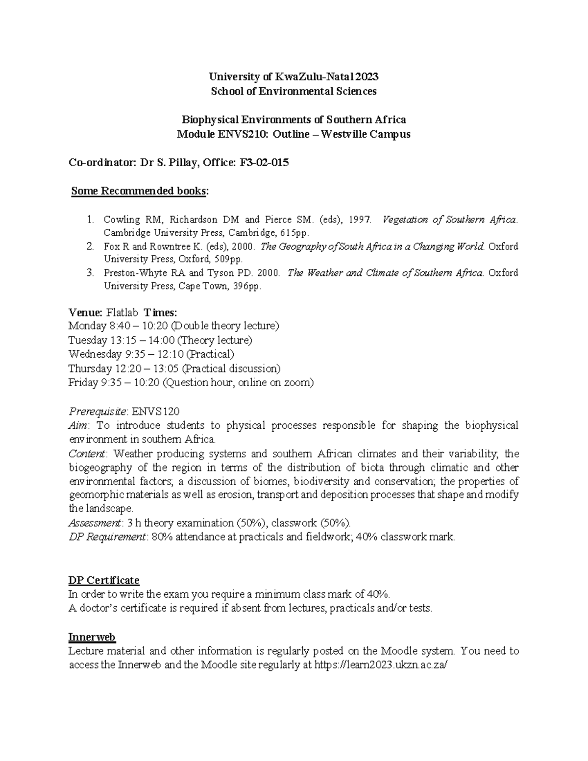 ENVS 210 Biophysical Environments Module Outline 2024 for South Africa ...