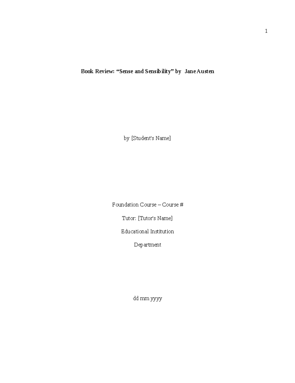 Book Review assignment - Book Review: “Sense and Sensibility” by Jane ...