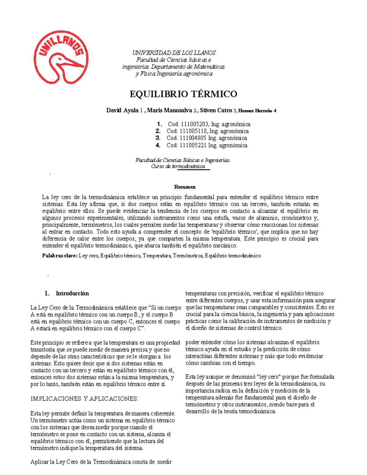 Informe sobre el Equilibrio Térmico en Termodinámica (Curso: TERM-101 ...