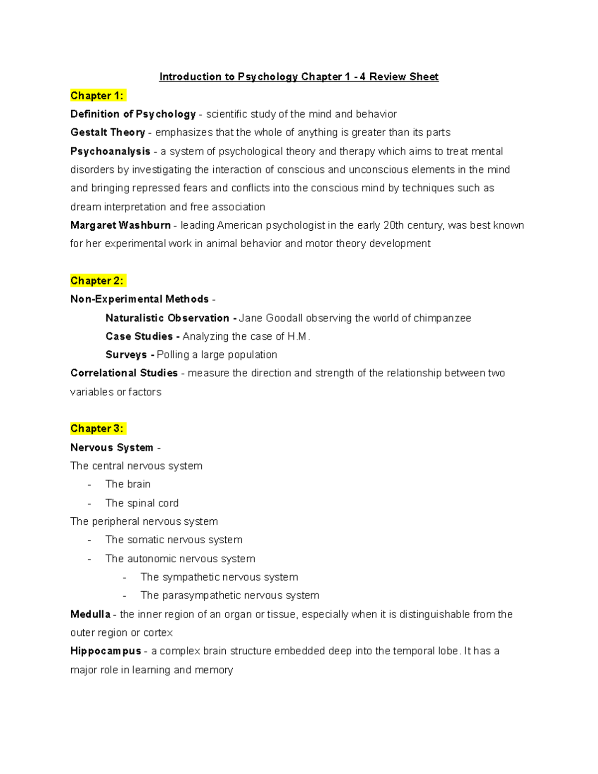 Psychology PSY101 Chapters 1-4 Comprehensive Review Sheet - Studocu