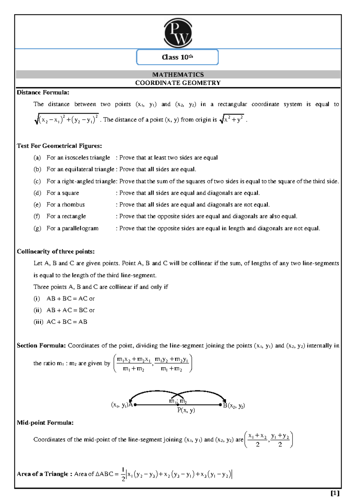 Class 10 MATHEMATICS: Coordinate Geometry Short Notes & Distance ...