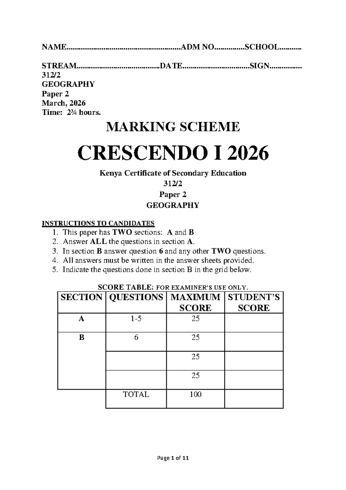 CRESCENDO I 2026 Geography Paper 2 Marking Scheme - Studocu