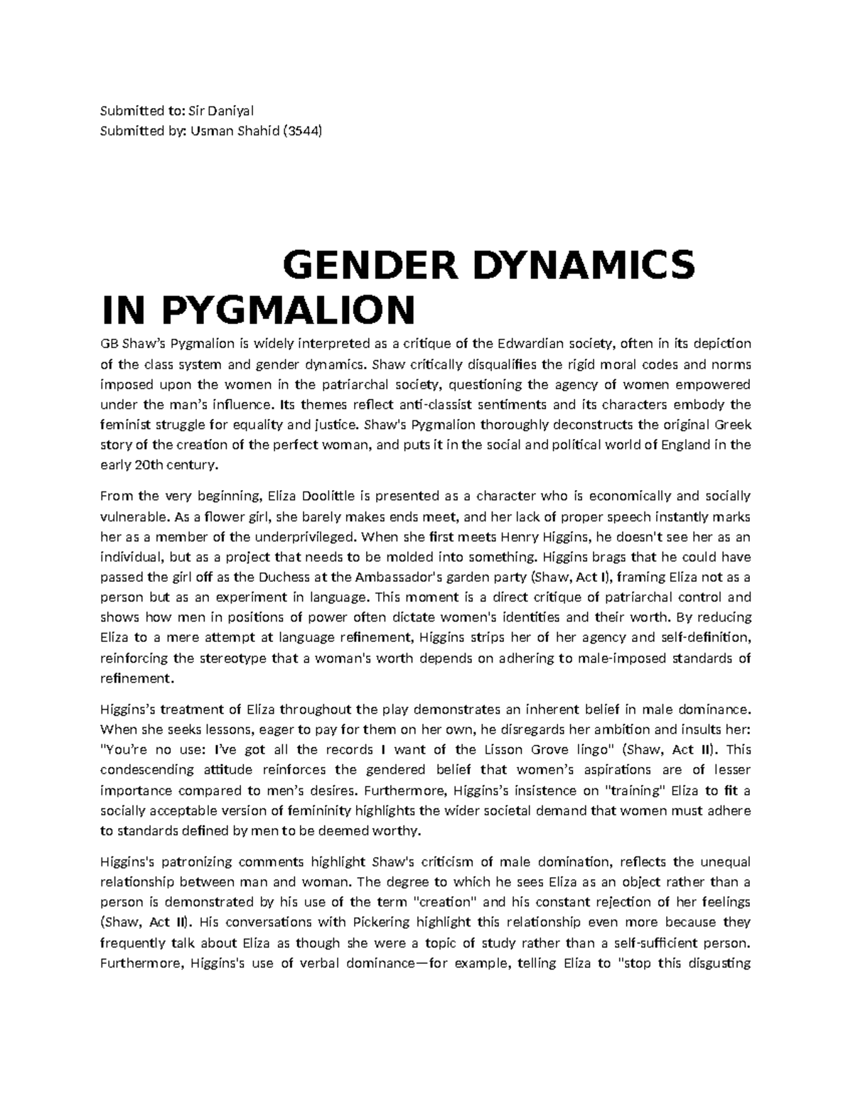 GENDER DYNAMICS IN PYGMALION: A CRITICAL ANALYSIS (ENG 3544) - Studocu