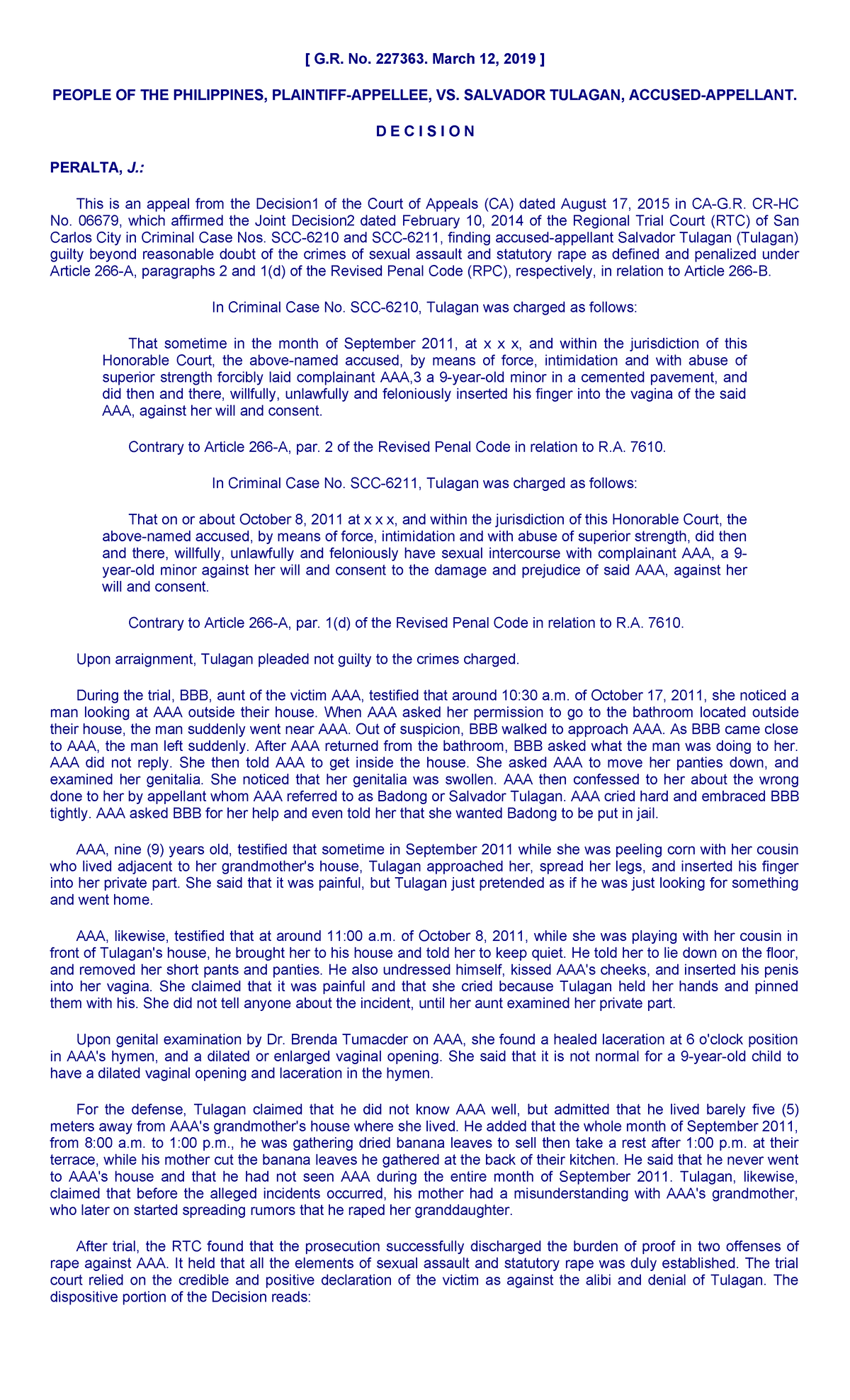 G.R. No. 227363: PEOPLE OF THE PHILIPPINES vs. SALVADOR TULAGAN - Case ...