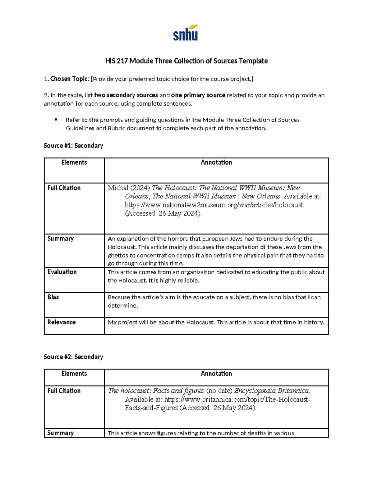 HIS 217 Module 3 Project Draft - HIS 217 Module Three Collection of Sources Template 1. Chosen ...