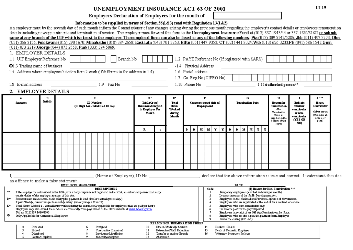 UNEMPLOYMENT INSURANCE ACT 63 OF 2001: Employer Declaration Form UI-19 ...