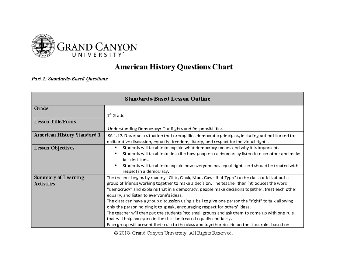ELM-351-T3: American History Questions & Lesson Activities Chart - Studocu
