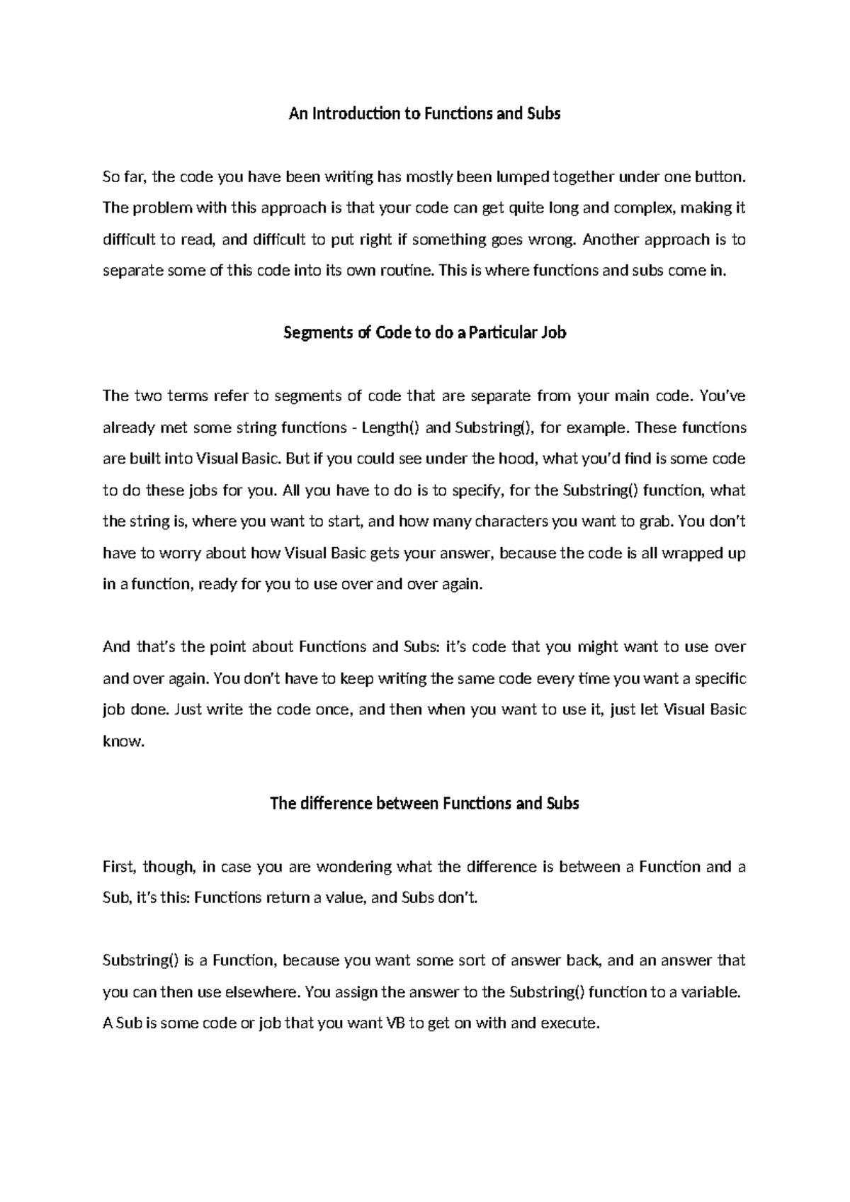 Functions and Subs in Visual Basic: A Comprehensive Guide - Studocu