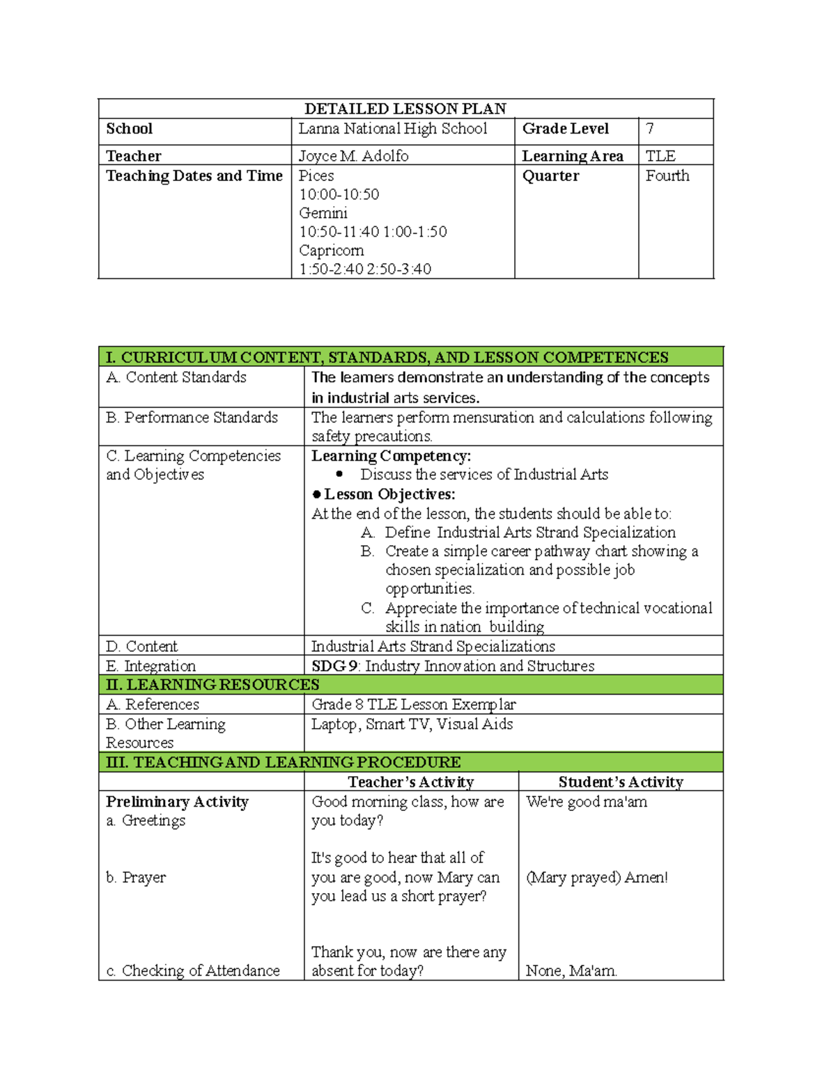 TLE 7 Detailed Lesson Plan: Industrial Arts Specialization Week 1 Day 3 ...