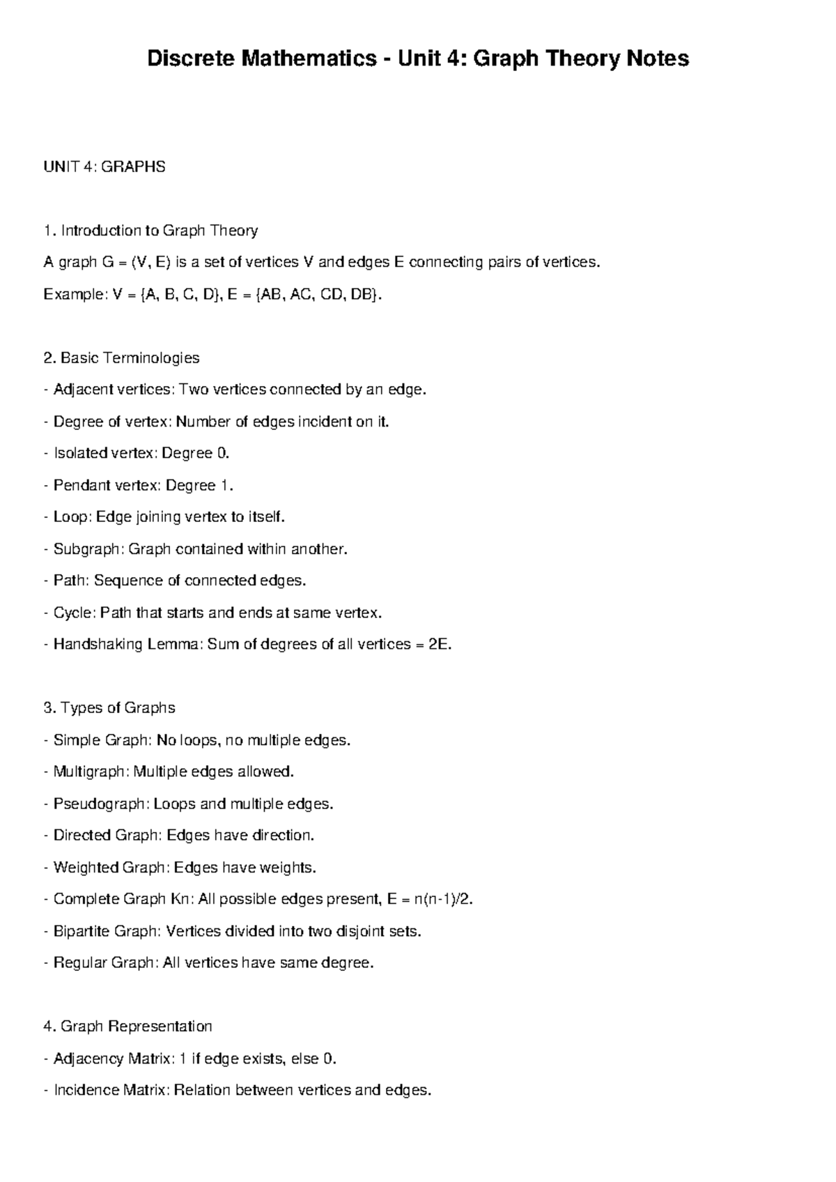 Discrete Mathematics UNIT 4: Graph Theory Study Notes - Studocu