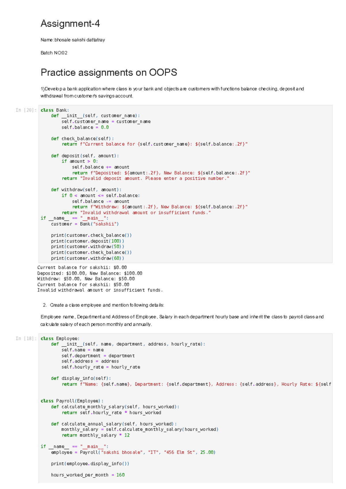 OOPS Assignment 4 - Python Classes and Object Operations - Studocu
