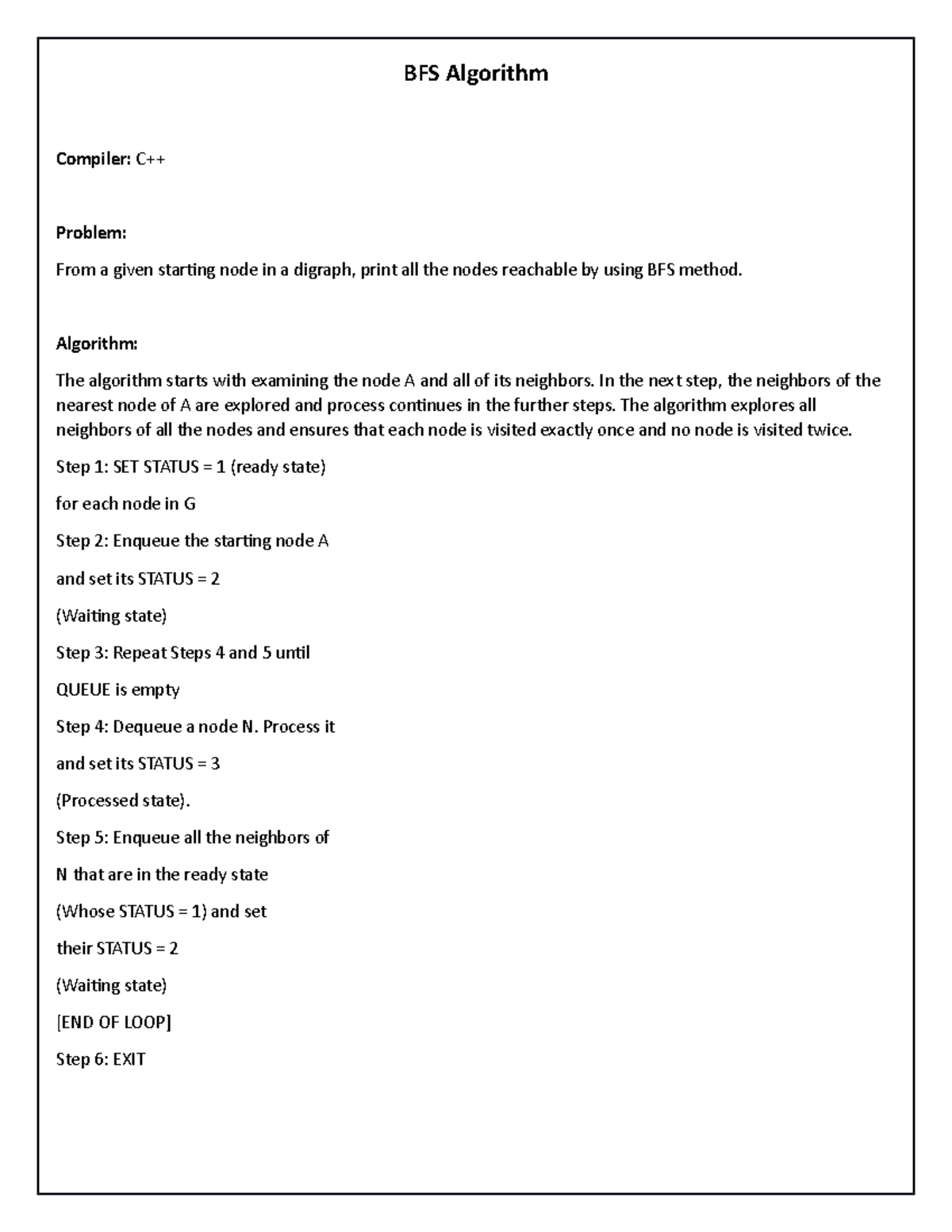 BFS Algorithm and DFS algorithm Assignment - Data Analysis - Studocu