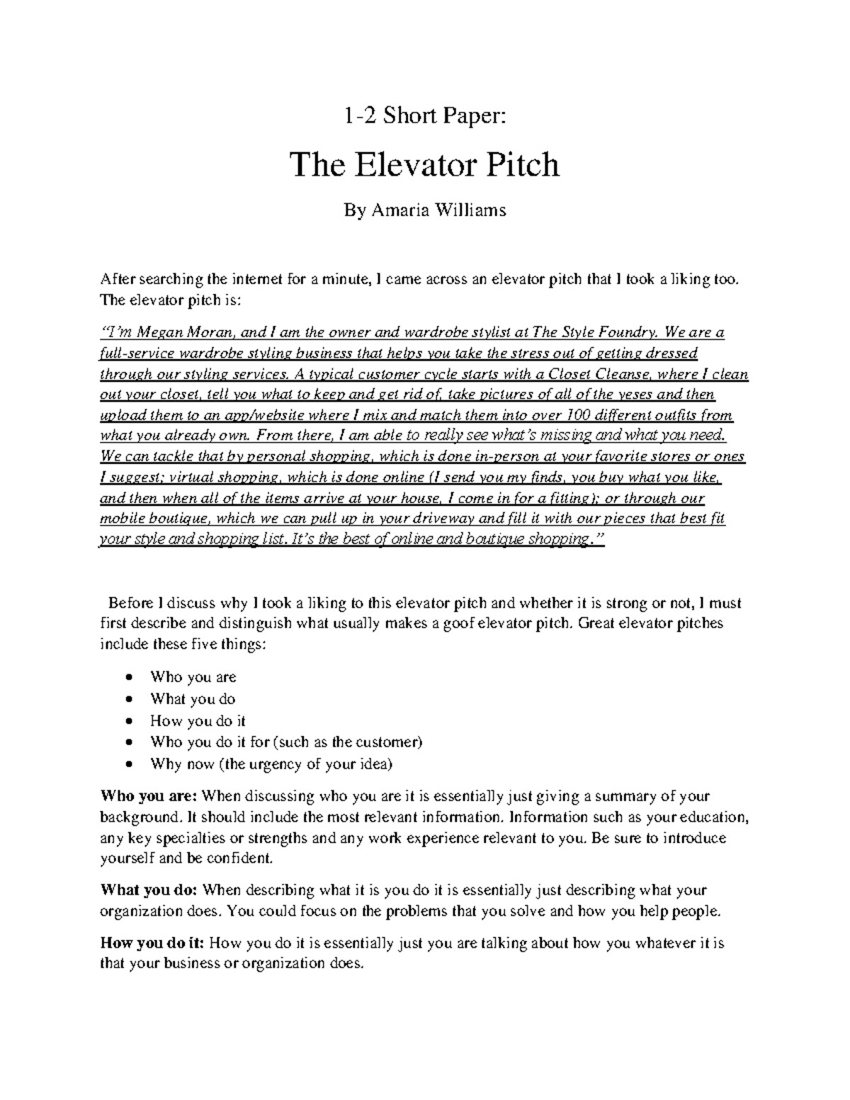 OL321 Business Plan: Elevator Pitch Short Paper by Amaria Williams ...