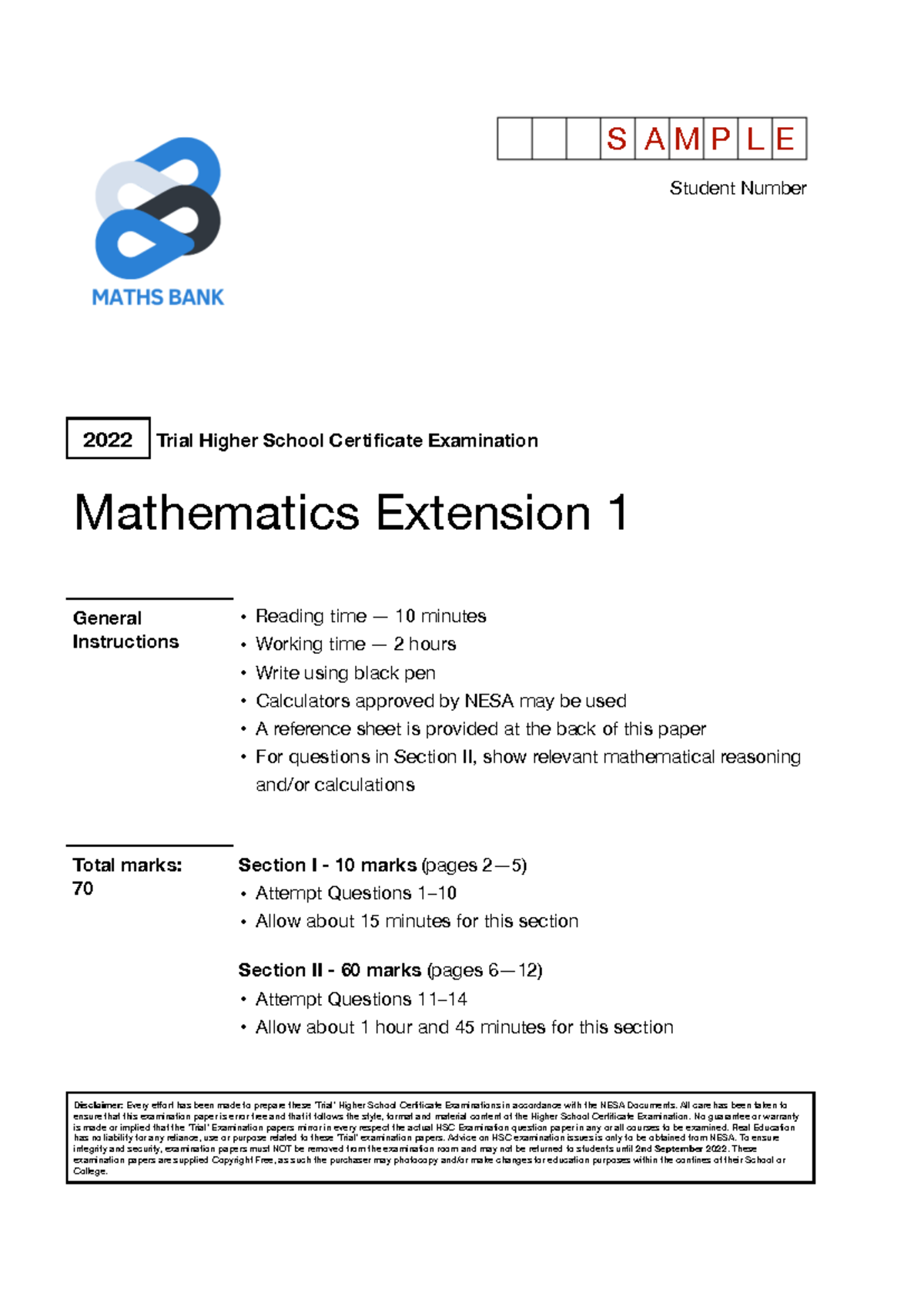 2022 HSC Maths Extension 1 Sample Trial Exam Paper - Studocu