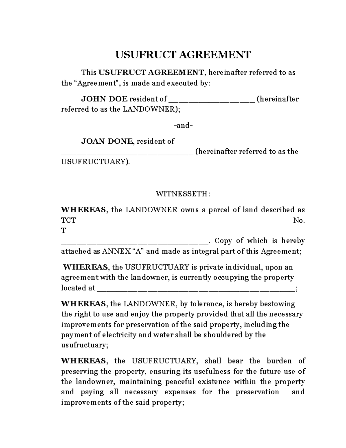 Usufruct Agreement Template – Example Form for Reference - Studocu